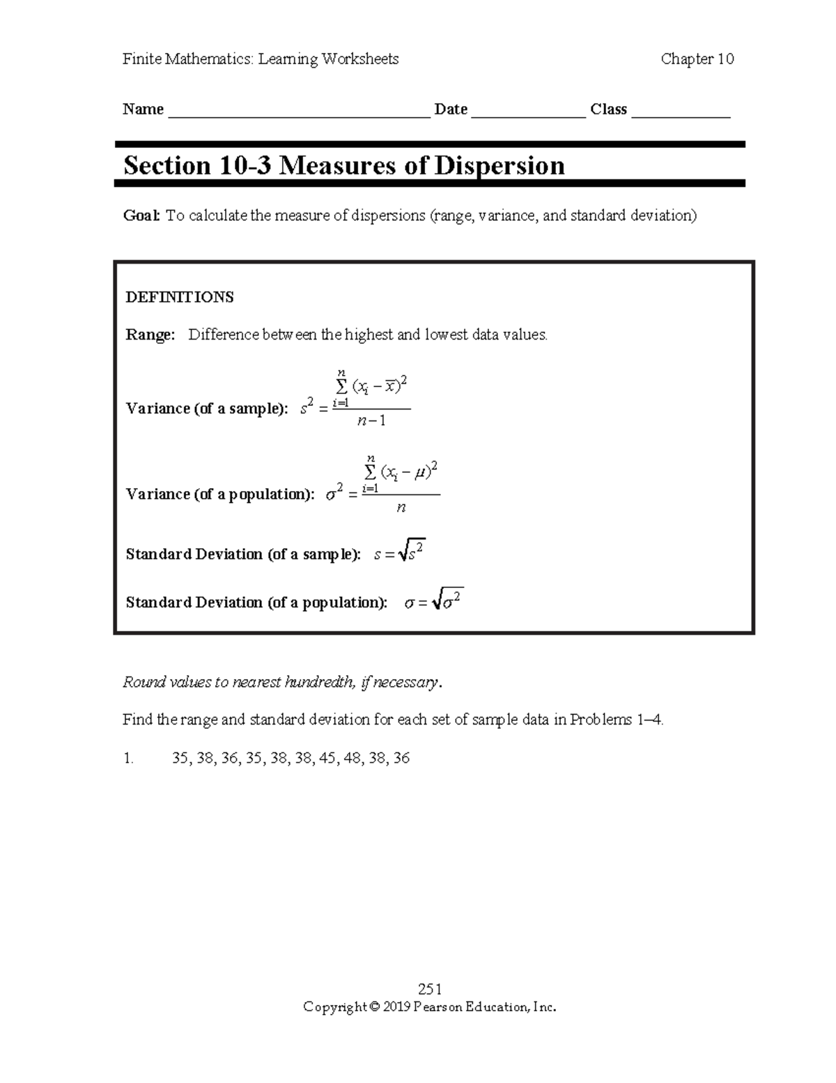 10 - Measures of Dispersion practice answers - 251 Name ...