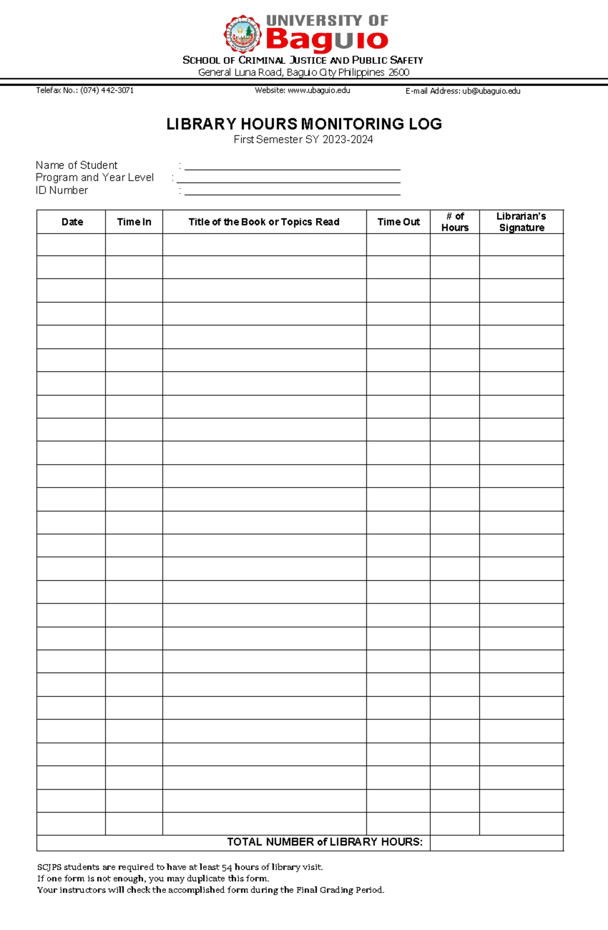 Library Monitoring Form Students - Page 1 of 1 SCHOOL OF CRIMINAL ...