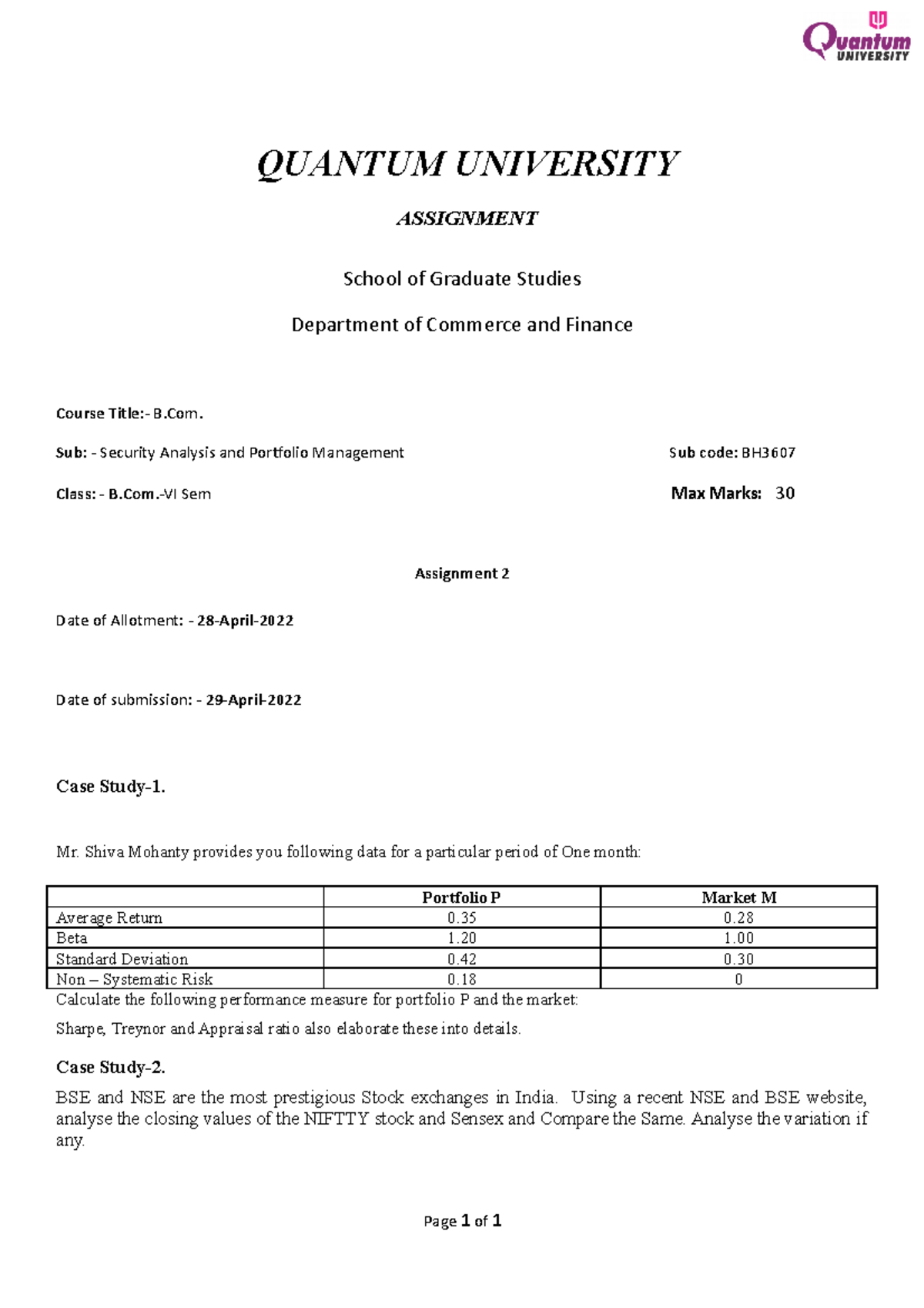 BH3607-AS02 - ASSIGNMENT of security analysis and portfolio management - QUANTUM UNIVERSITY ...