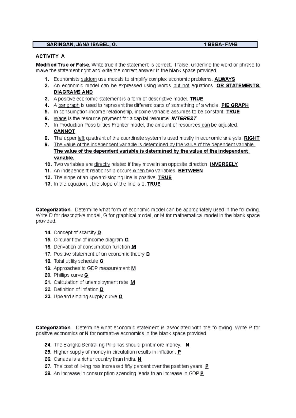 Economic Models - assignment - AT SARINGAN, JANA ISABEL, G. 1 BSBA- FM ...
