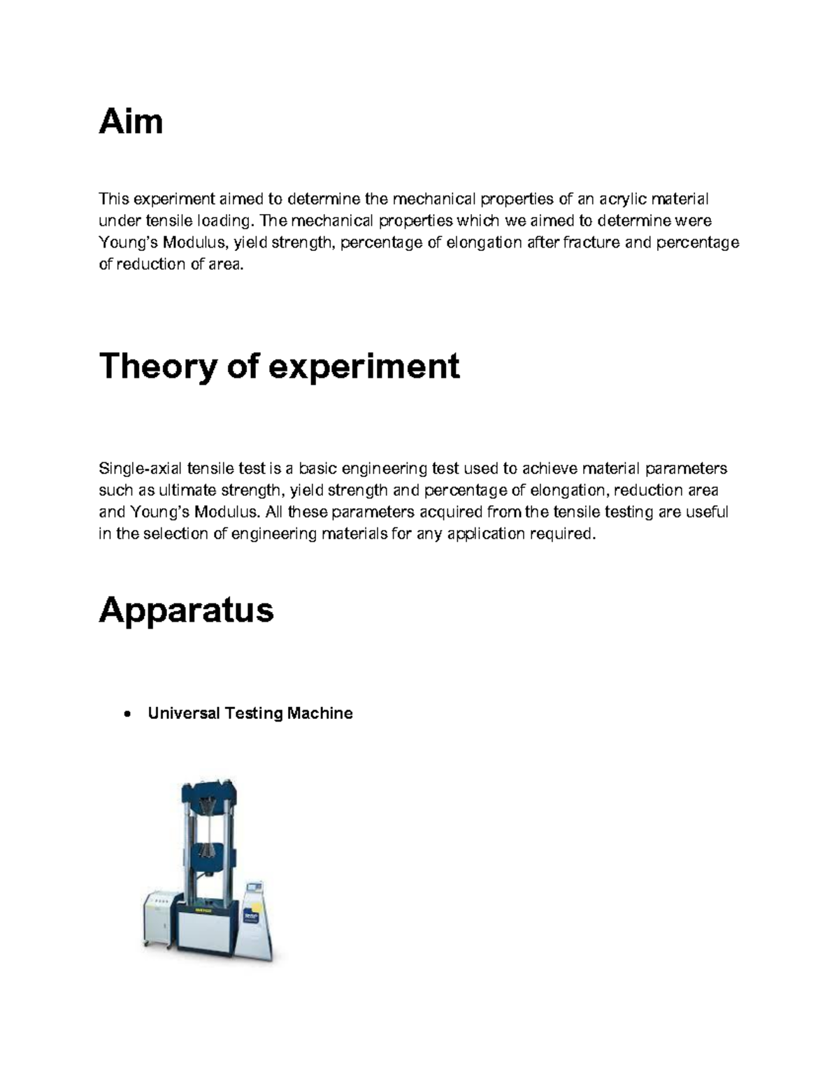 Materials Lab Report - Aim This experiment aimed to determine the ...