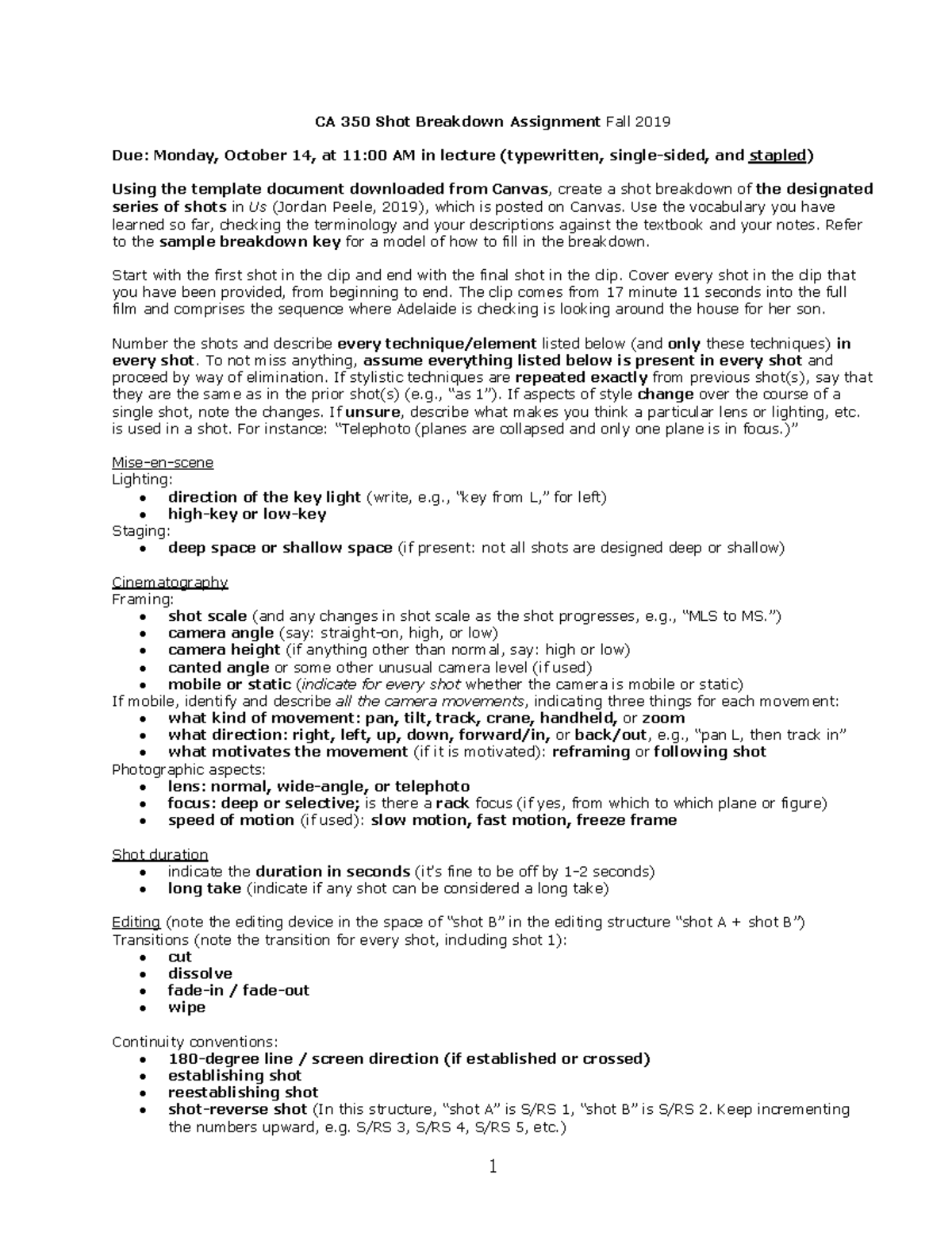 Shot Breakdown Assignment F19 - Use the vocabulary you have learned so ...