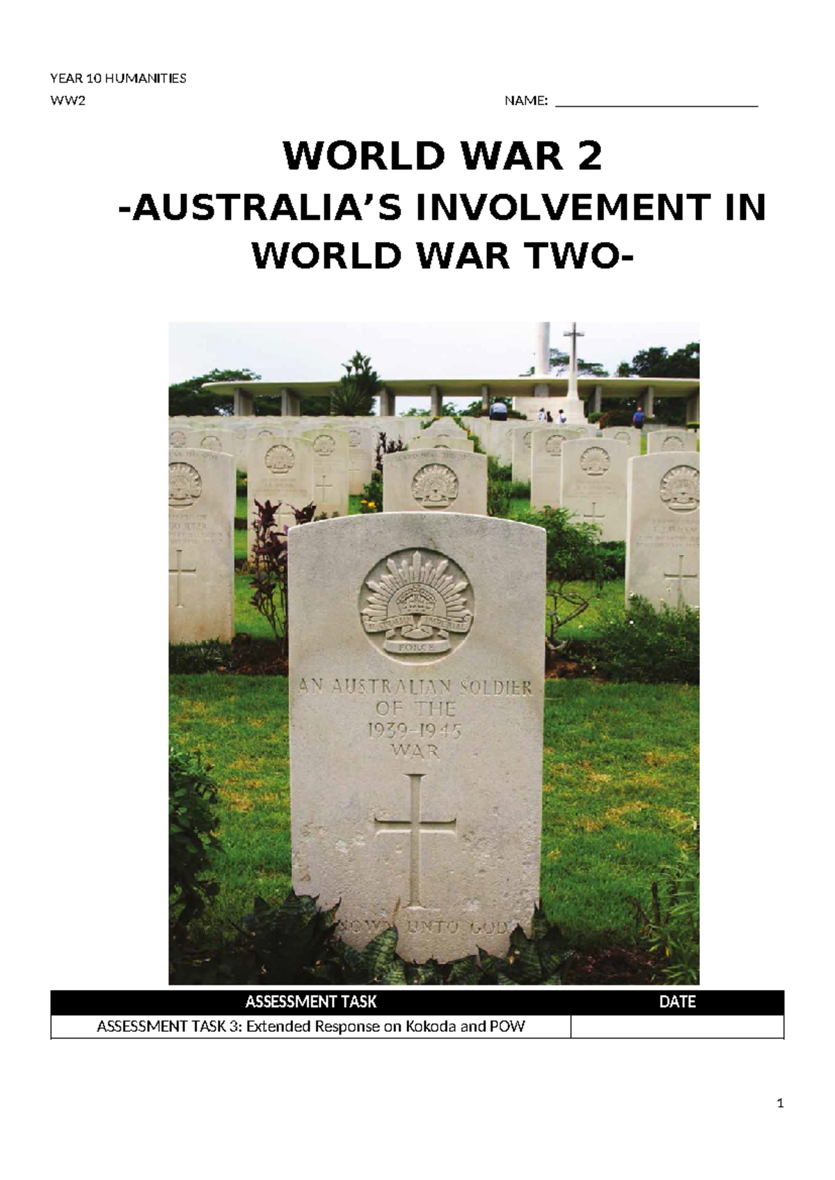 Australia'S Involvement IN WW2 Booklet 2022 - YEAR 10 HUMANITIES WW2 ...