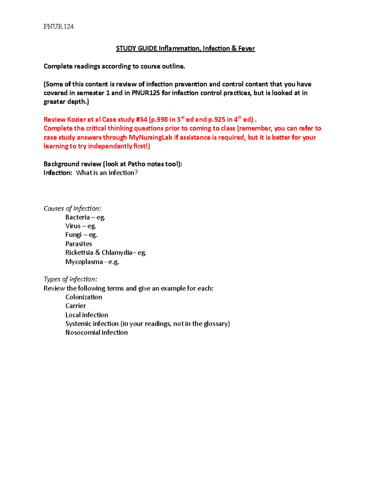 Inflam.Fever.Infection - STUDY GUIDE Inflammation, Infection & Fever ...