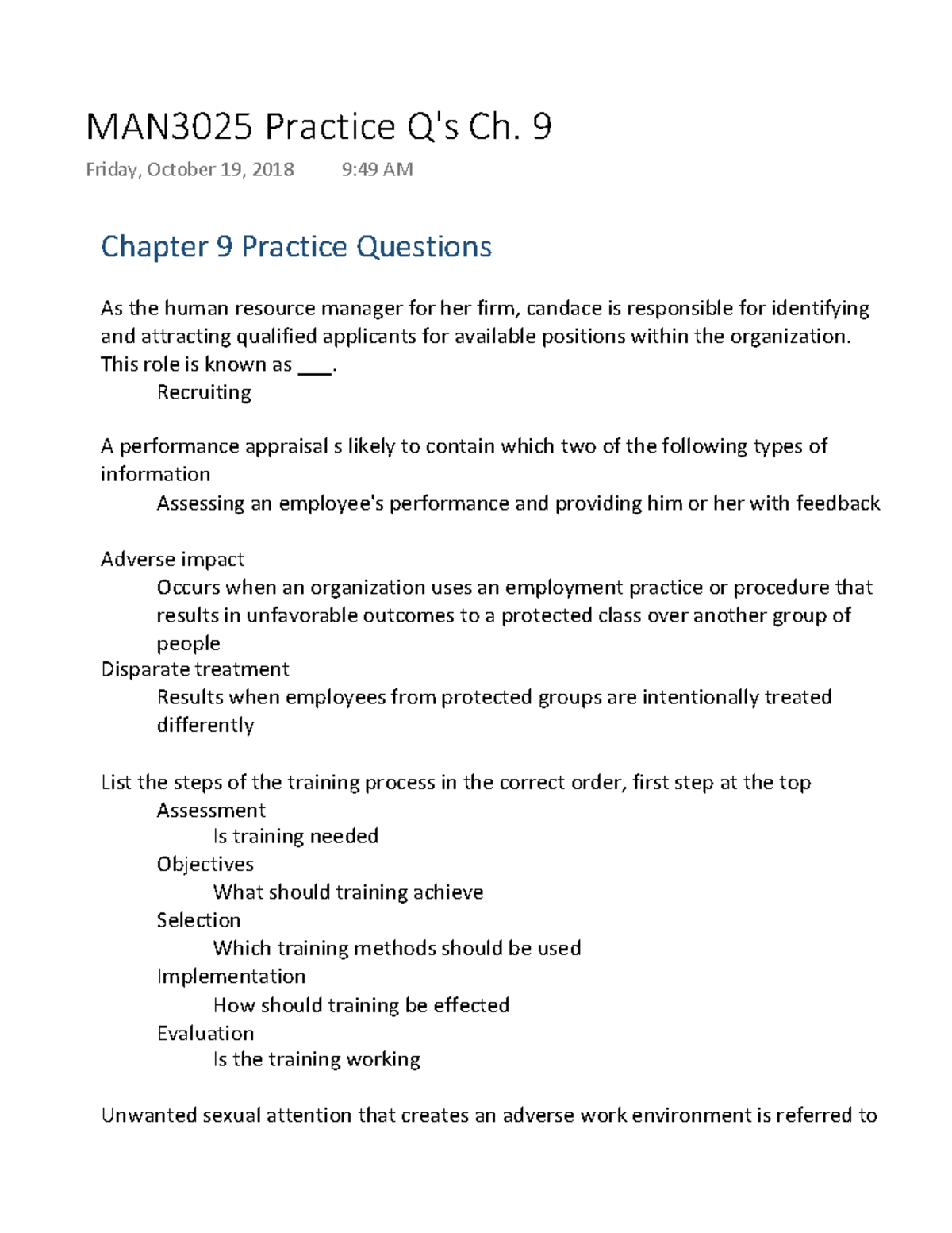 MAN3025 Practice Q's Ch. 9 - 9 Friday, October 19, 2018 9:49 AM Chapter ...