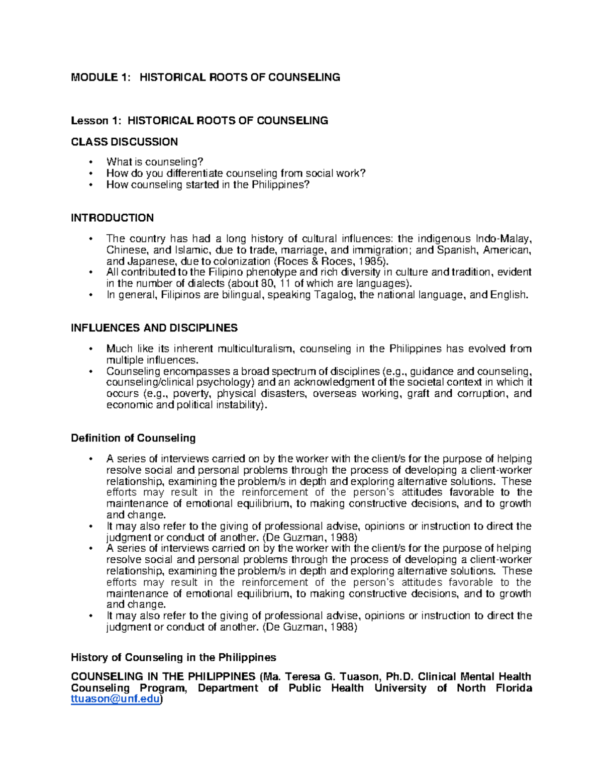 Module 1 2 History of Counseling Helping Process - MODULE 1: HISTORICAL ...