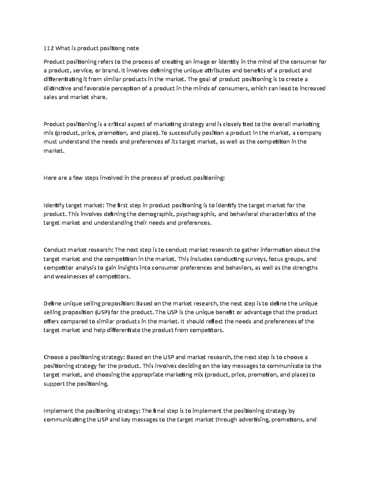 112 What is product position note - It involves defining the unique ...