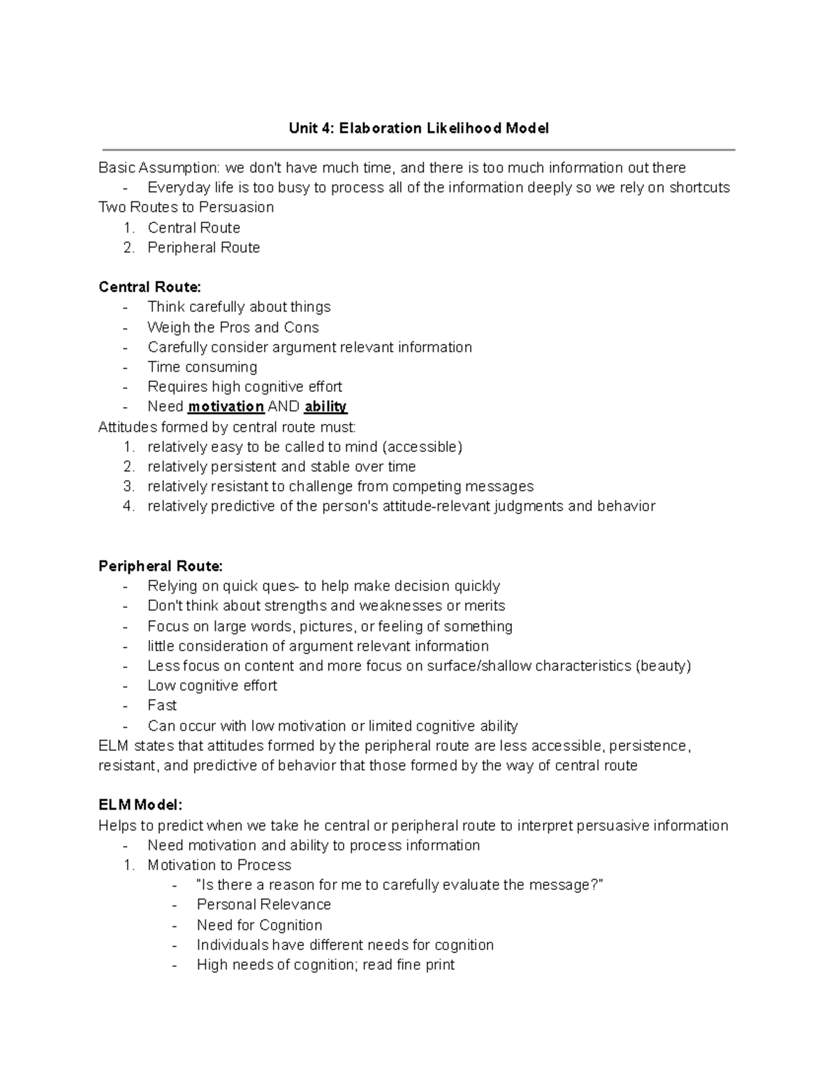 Unit 4: Elaboration Likelihood Model - Central Route 2. Peripheral ...