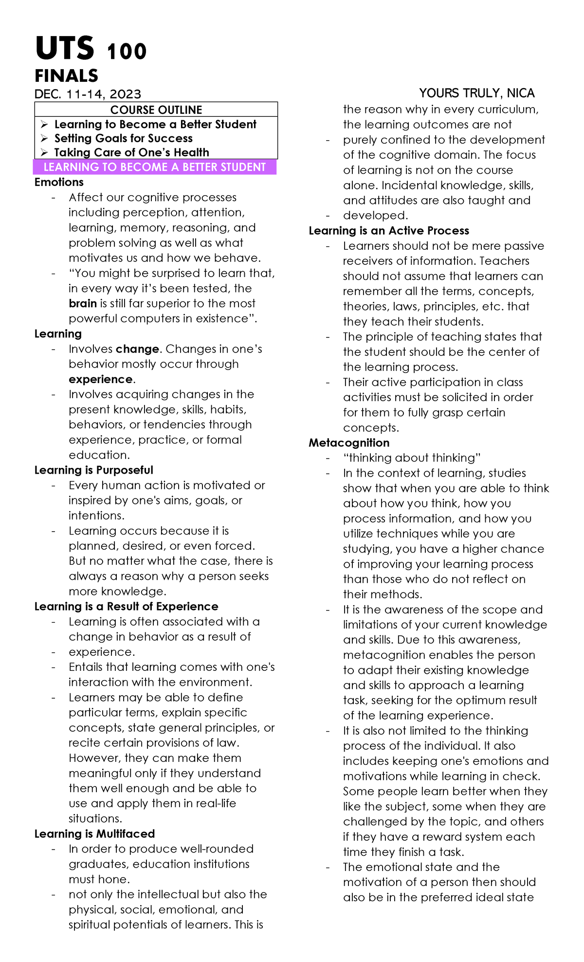 UTS FINALSSSSSSSS - UTS 100 FINALS DEC. 11-14, 2023 YOURS TRULY, NICA ...