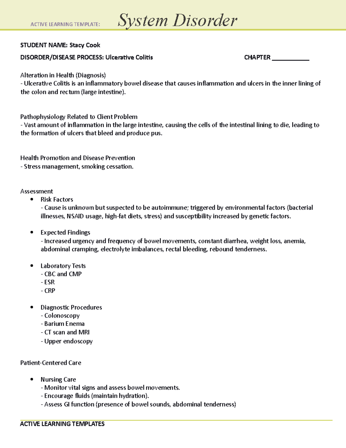 System Disorder (Ulcerative Colitis) - STUDENT NAME: Stacy Cook ...