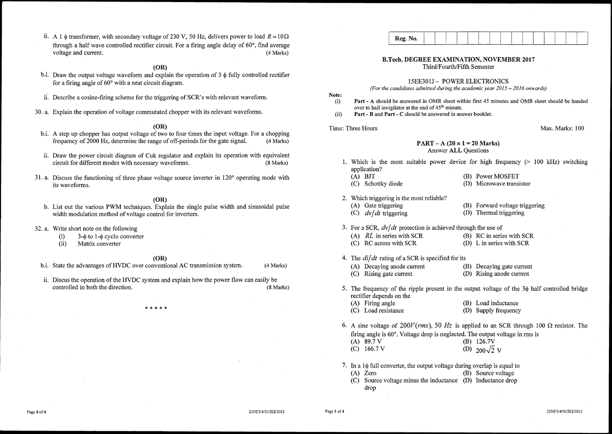15EE301J 5 SEM - Exam Paper - ii. A 1 { transforner, with secondary ...