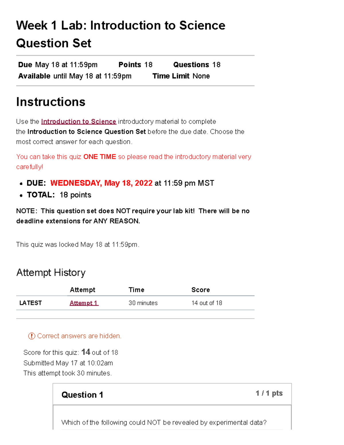 Week 1 Lab Introduction to Science Question Set CHM 113 General Chemistry I (2022 Summer - A ...