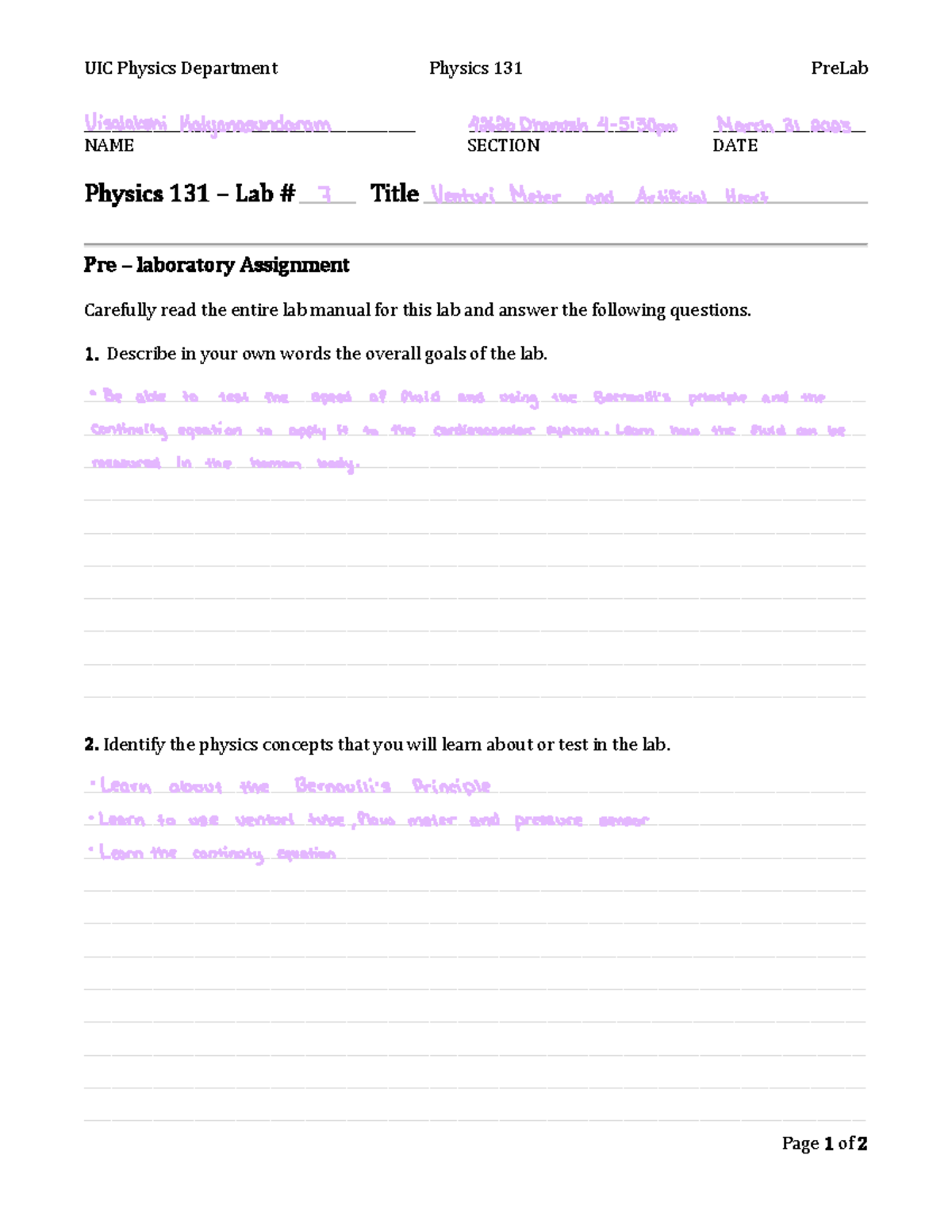 Copy of Week 6 Lab Part 1 Report - UIC Physics Department Physics 131 ...