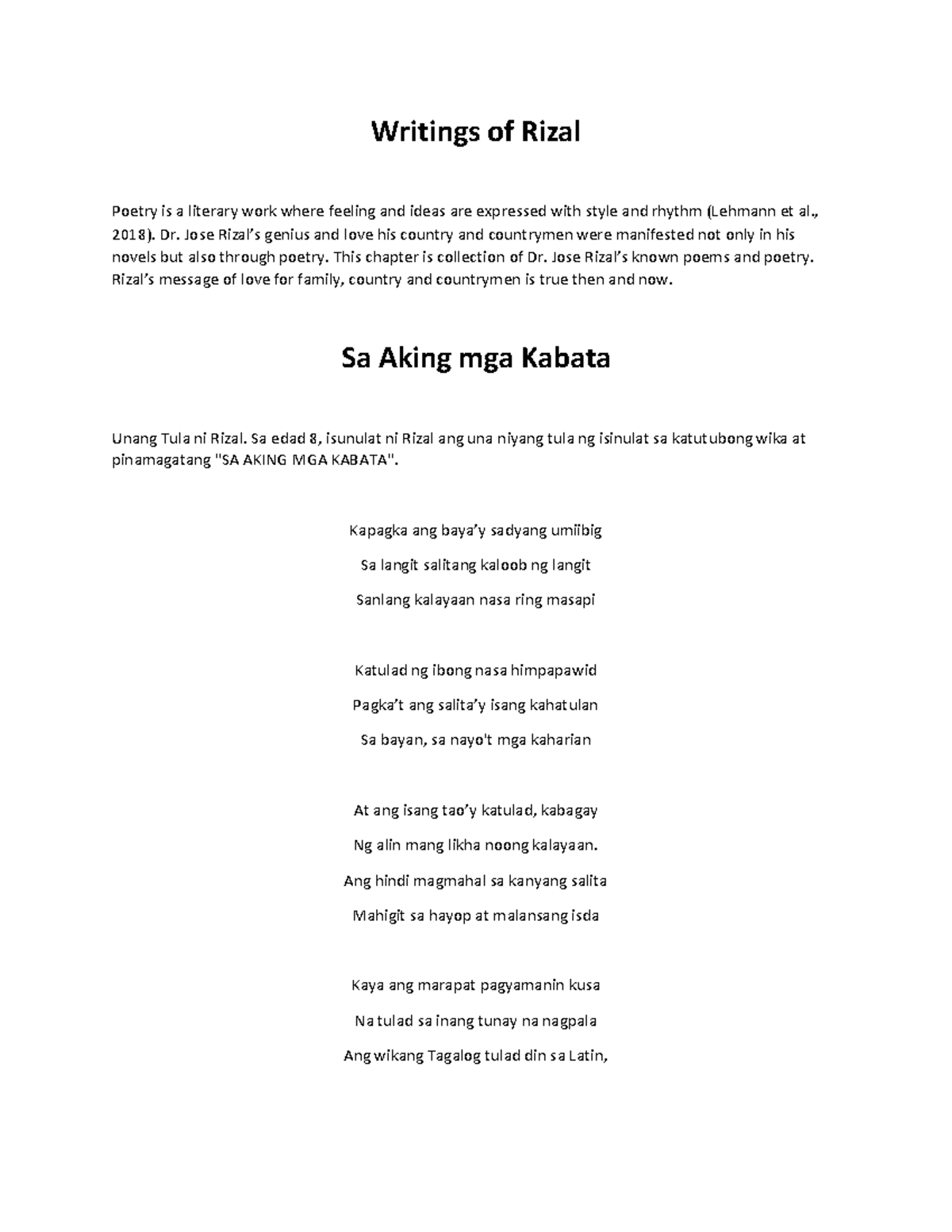 Writings of Rizal - Writings of Rizal Poetry is a literary work where ...