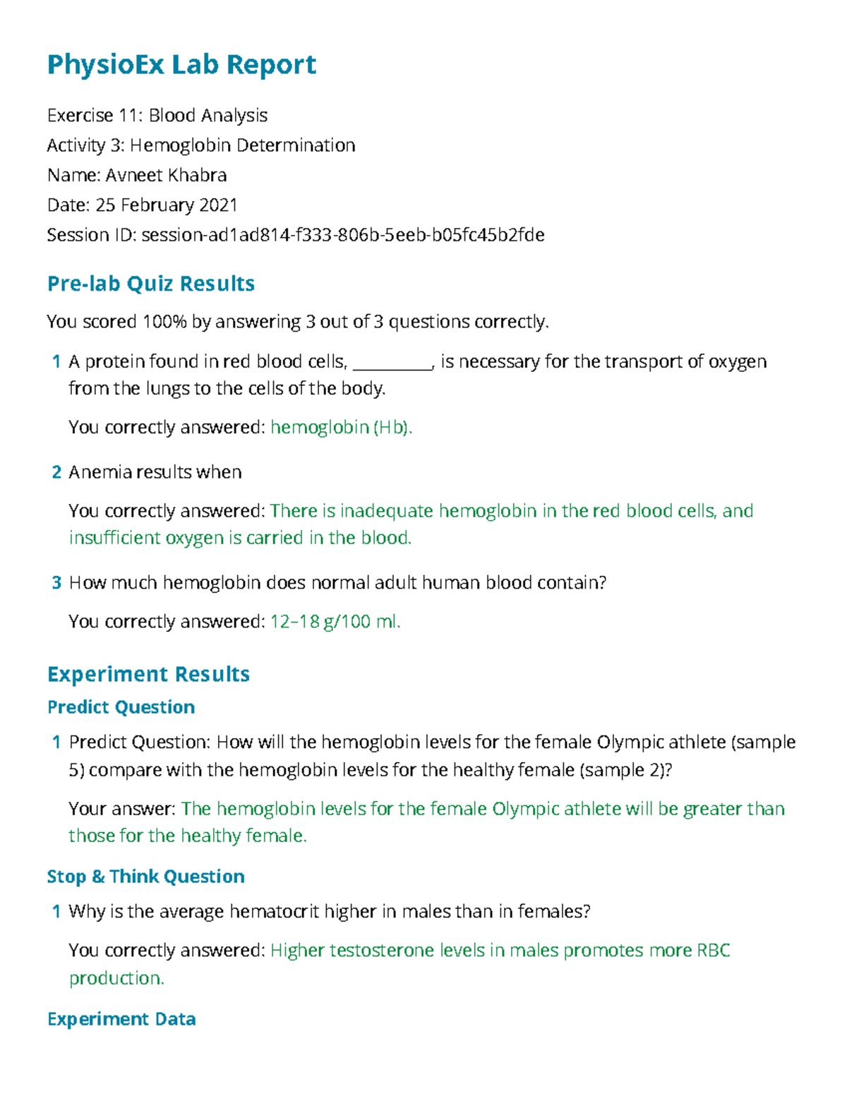 Physio Ex Exercise 11 Activity 3 Hemoglobin - PhysioEx Lab Report ...