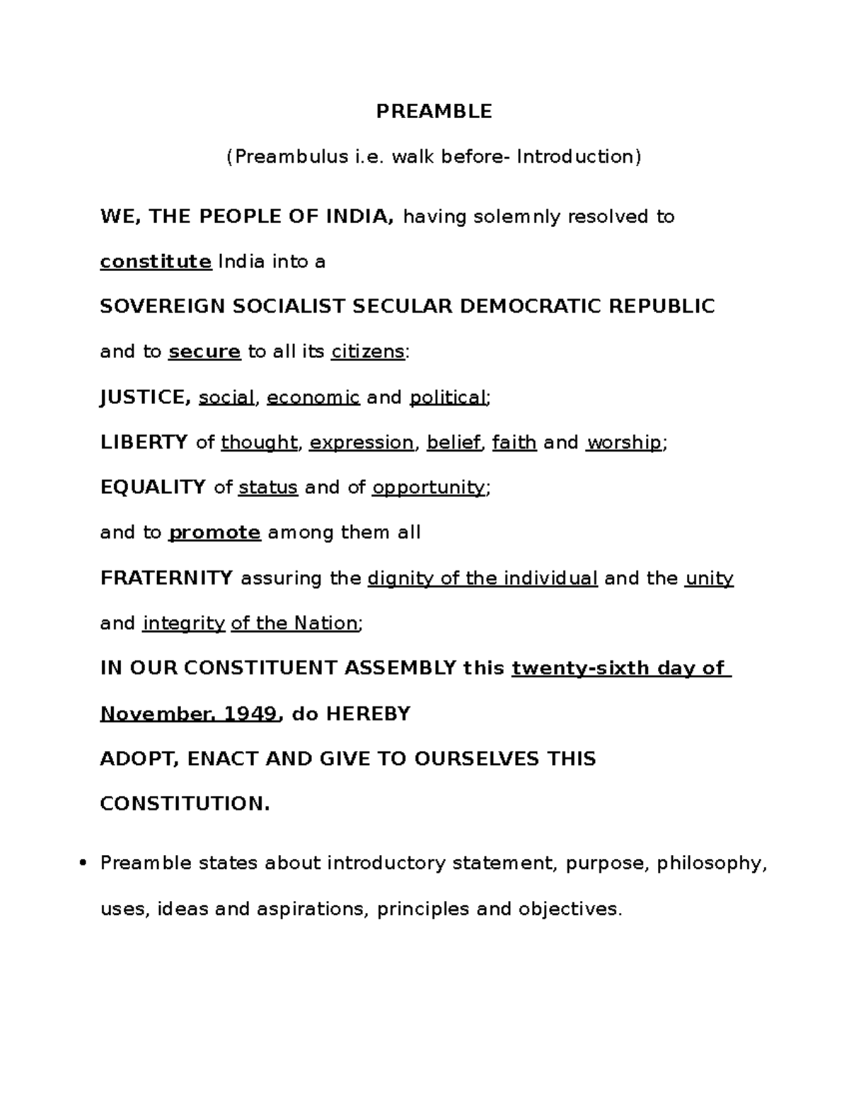Preamble Constitution of India - PREAMBLE (Preambulus i. walk before ...