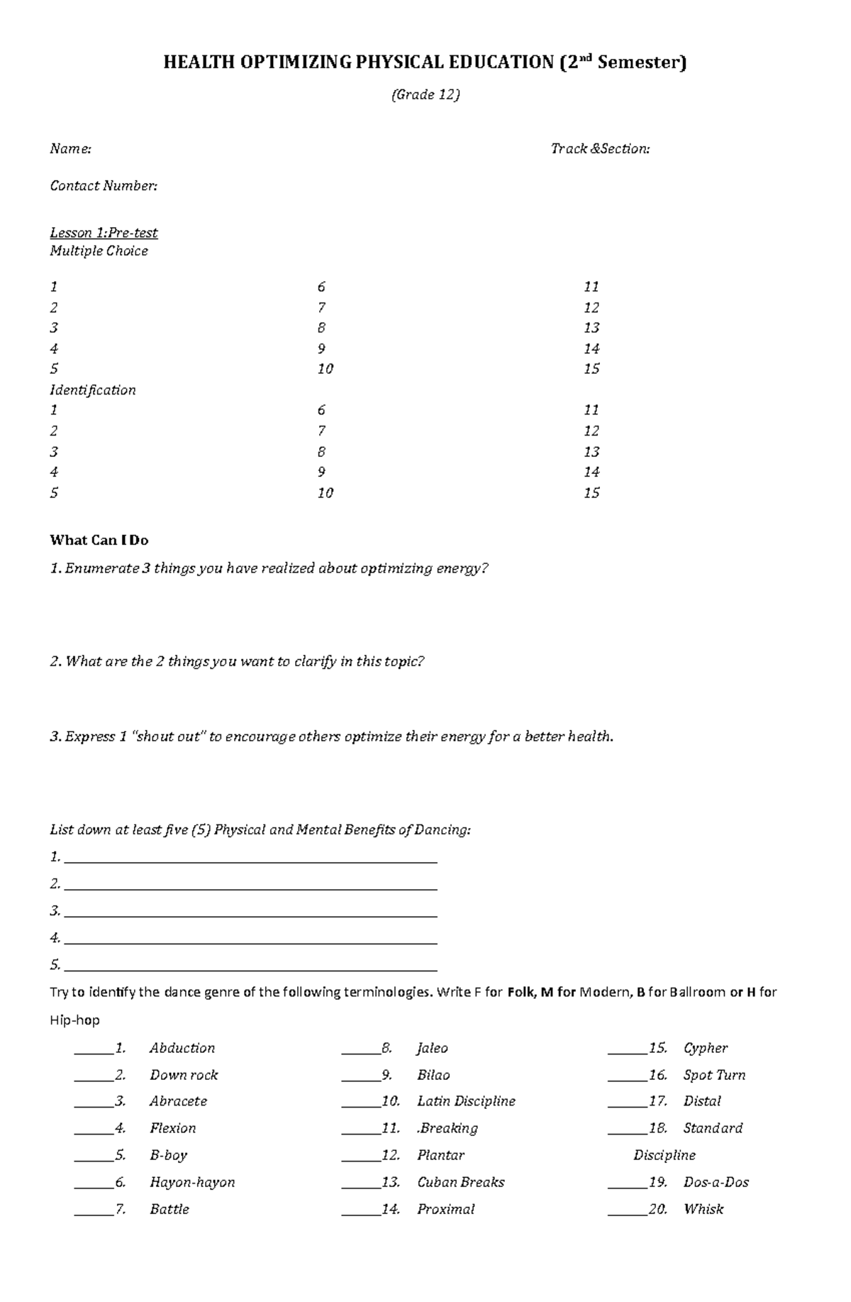 HOPE Dance Answer Sheet - HEALTH OPTIMIZING PHYSICAL EDUCATION (2nd ...