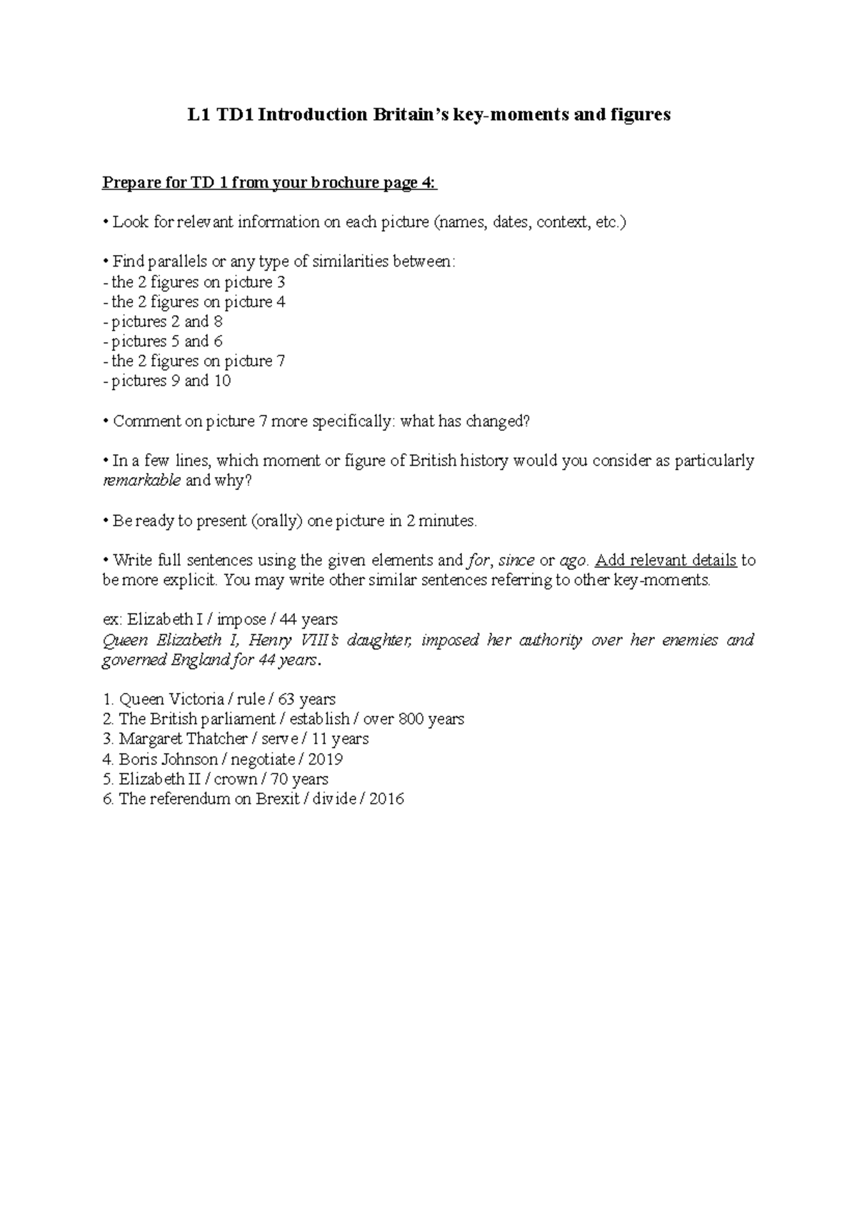 L1 TD1 document de travail - L1 TD1 Introduction Britain’s key-moments and figures Prepare for ...