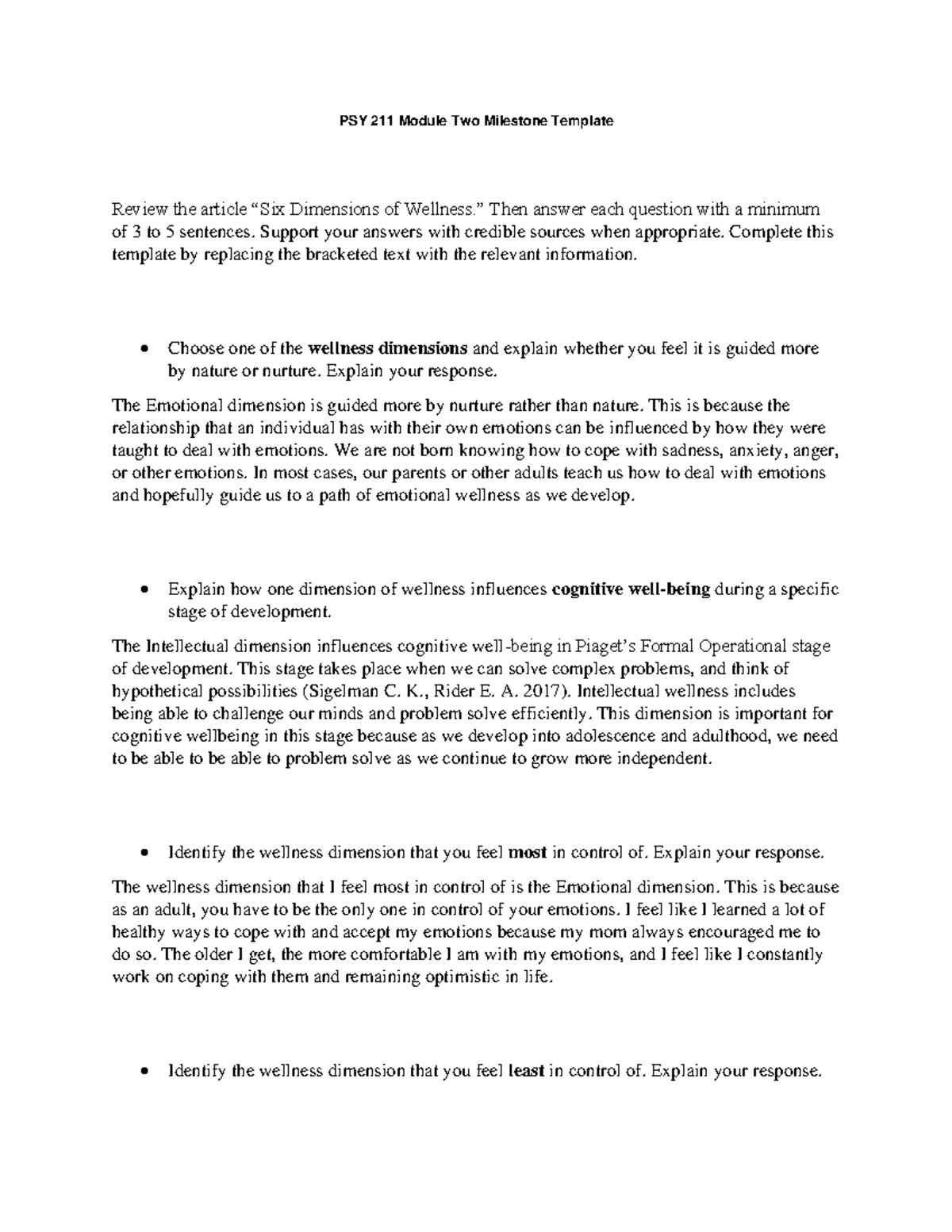 PSY 211 Milestone Two - PSY 211 Module Two Milestone Template Review the article Dimensions of ...