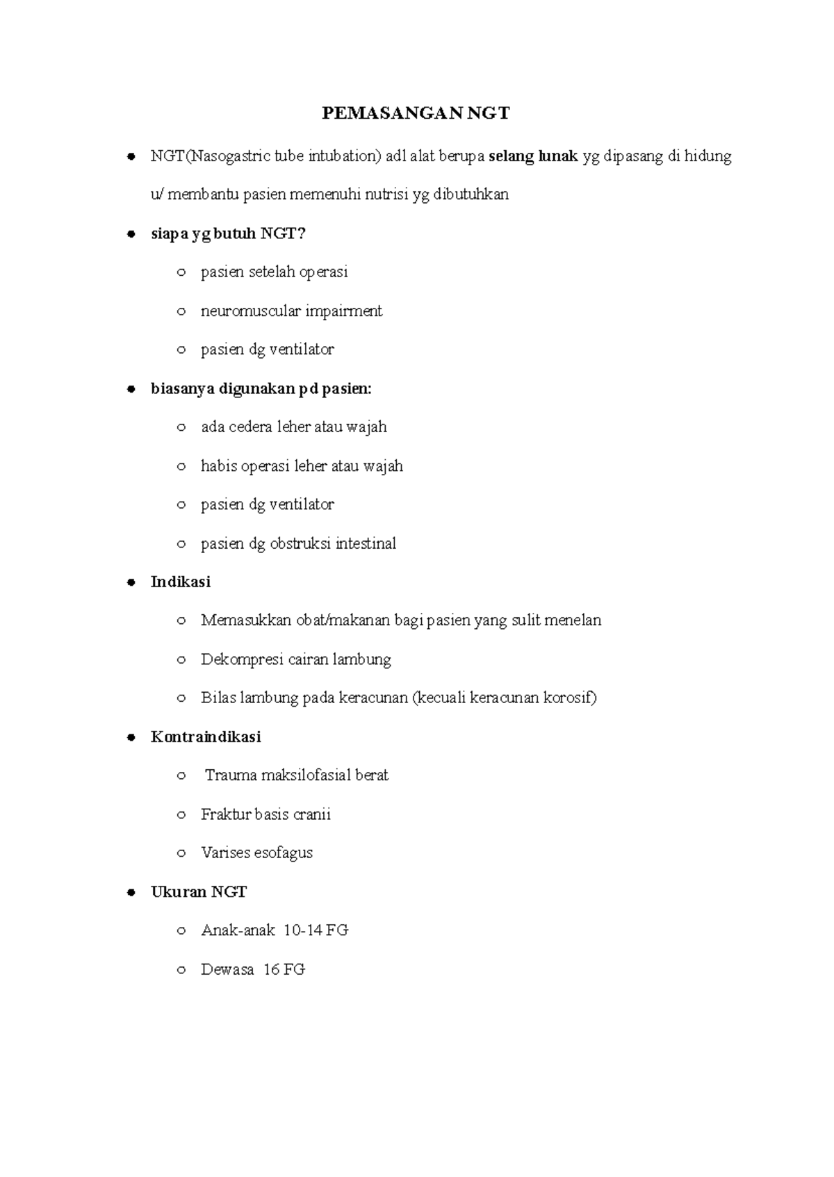 Pemasangan NGT - PEMASANGAN NGT NGT(Nasogastric tube intubation) adl ...