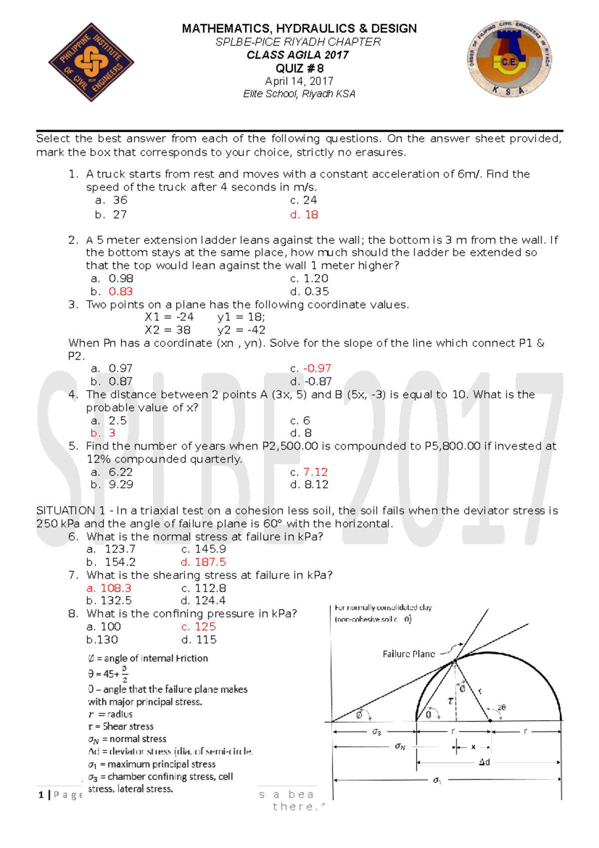 QUIZ#8 Splbe-2017 - For CE Board Exam. - MATHEMATICS, HYDRAULICS ...