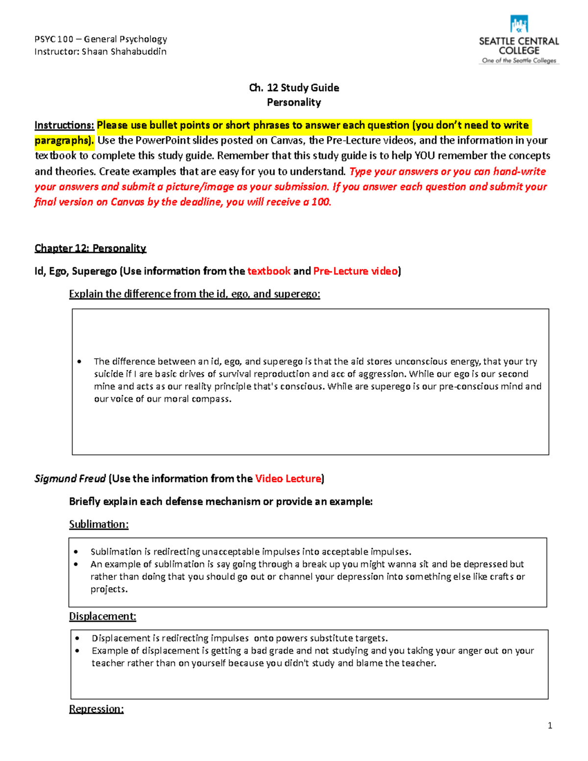 Psychology (Personality) Study Guide - PSYC 100 – General Psychology Instructor: Shaan ...