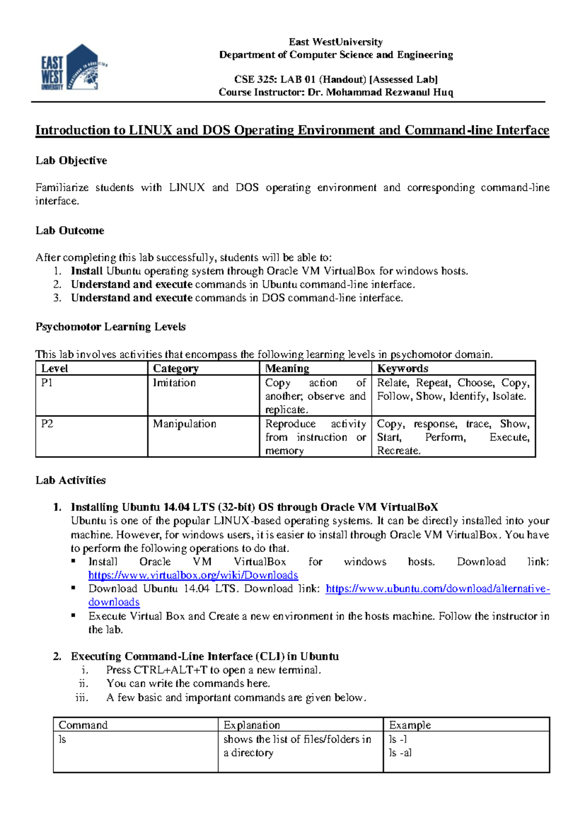 CSE325 Lab01 - academic notes - East WestUniversity Department of ...