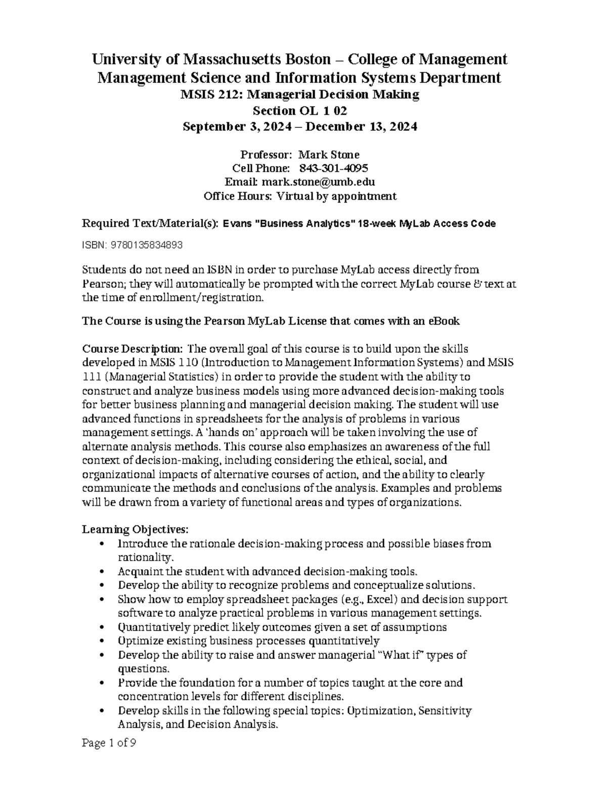 Syllabus-MSIS212 Fall2024(1) - University of Massachusetts Boston ...