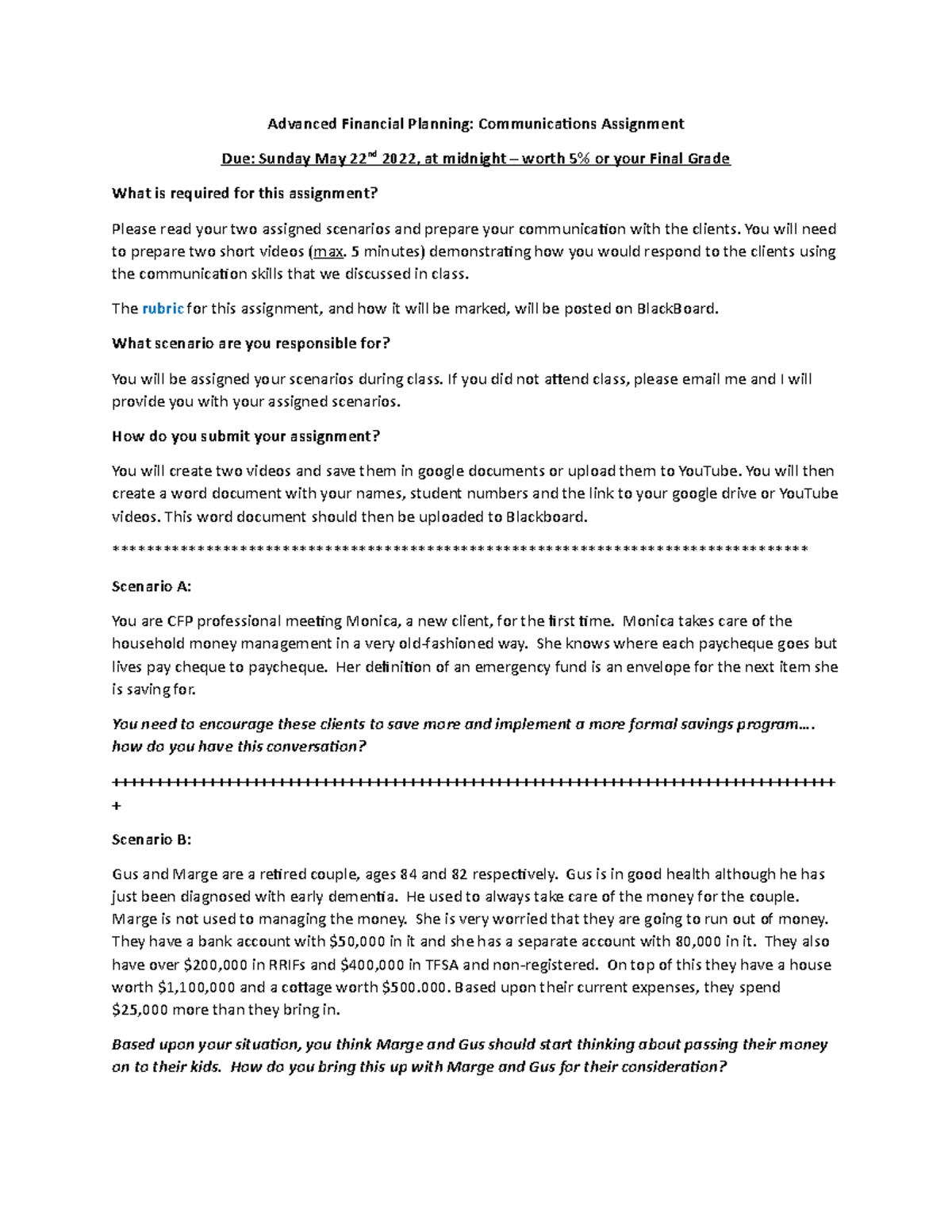 Communications Assignment Wk2 -LT - Advanced Financial Planning ...