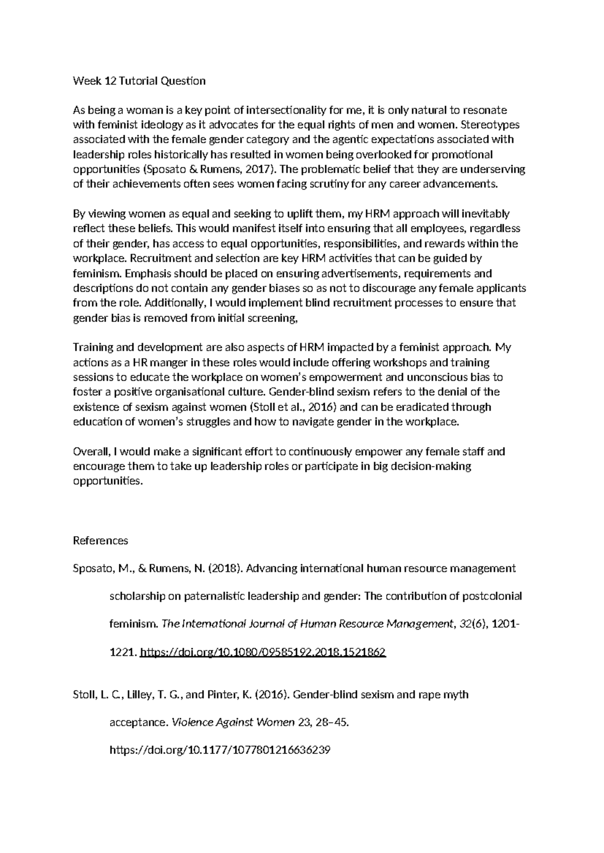 Week 12 Tutorial Question - Week 12 Tutorial Question As being a woman ...