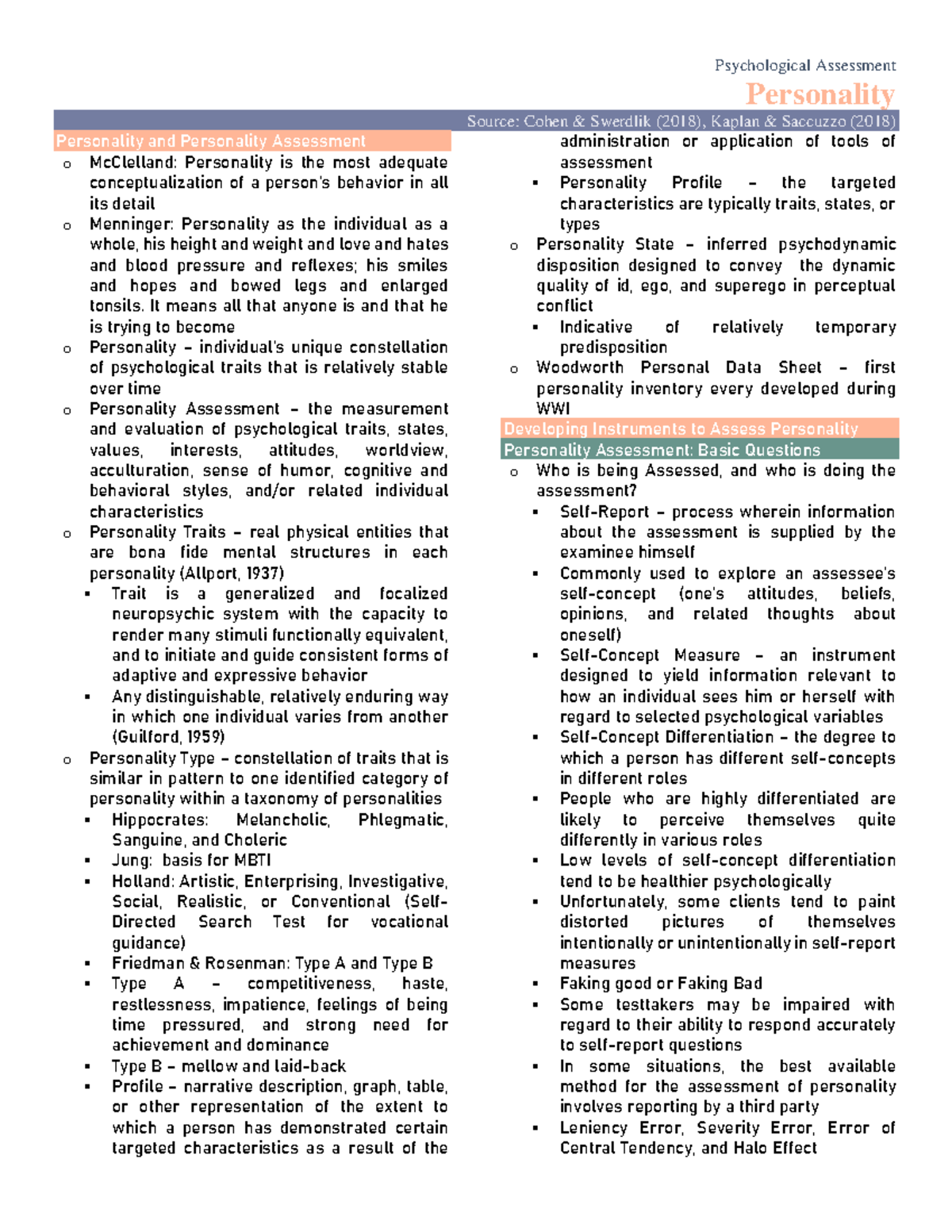 Psych Assess 9 - Personality Source: Cohen & Swerdlik (2018), Kaplan ...