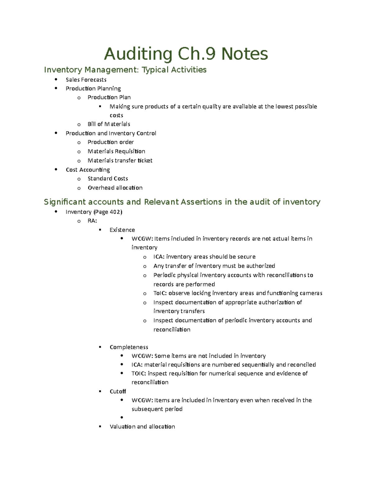Auditing Ch. 9 Notes - Auditing Ch Notes Inventory Management: Typical ...
