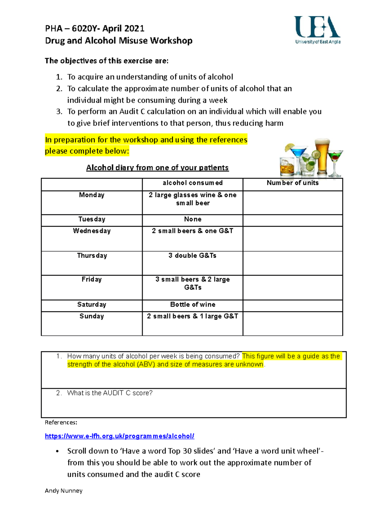 Drug and Alcohol Workshop - alcohol units- advance preparation for ...