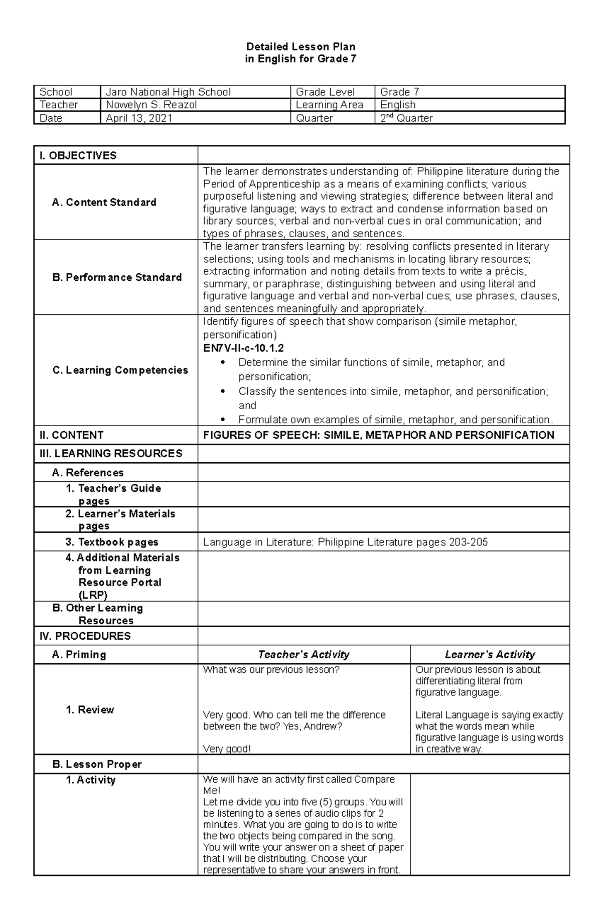 Detailed LP Figure Of Speech 1 Detailed Lesson Plan In English For 