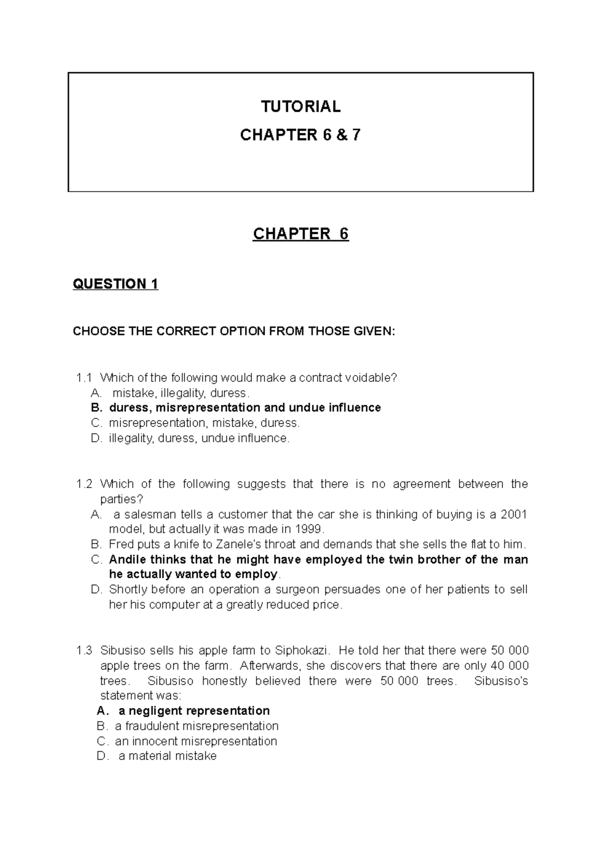 Tutorial 3 Chapters 6 7 MEMO - TUTORIAL CHAPTER 6 & 7 CHAPTER 6 QUESTION 1 CHOOSE THE - Studocu