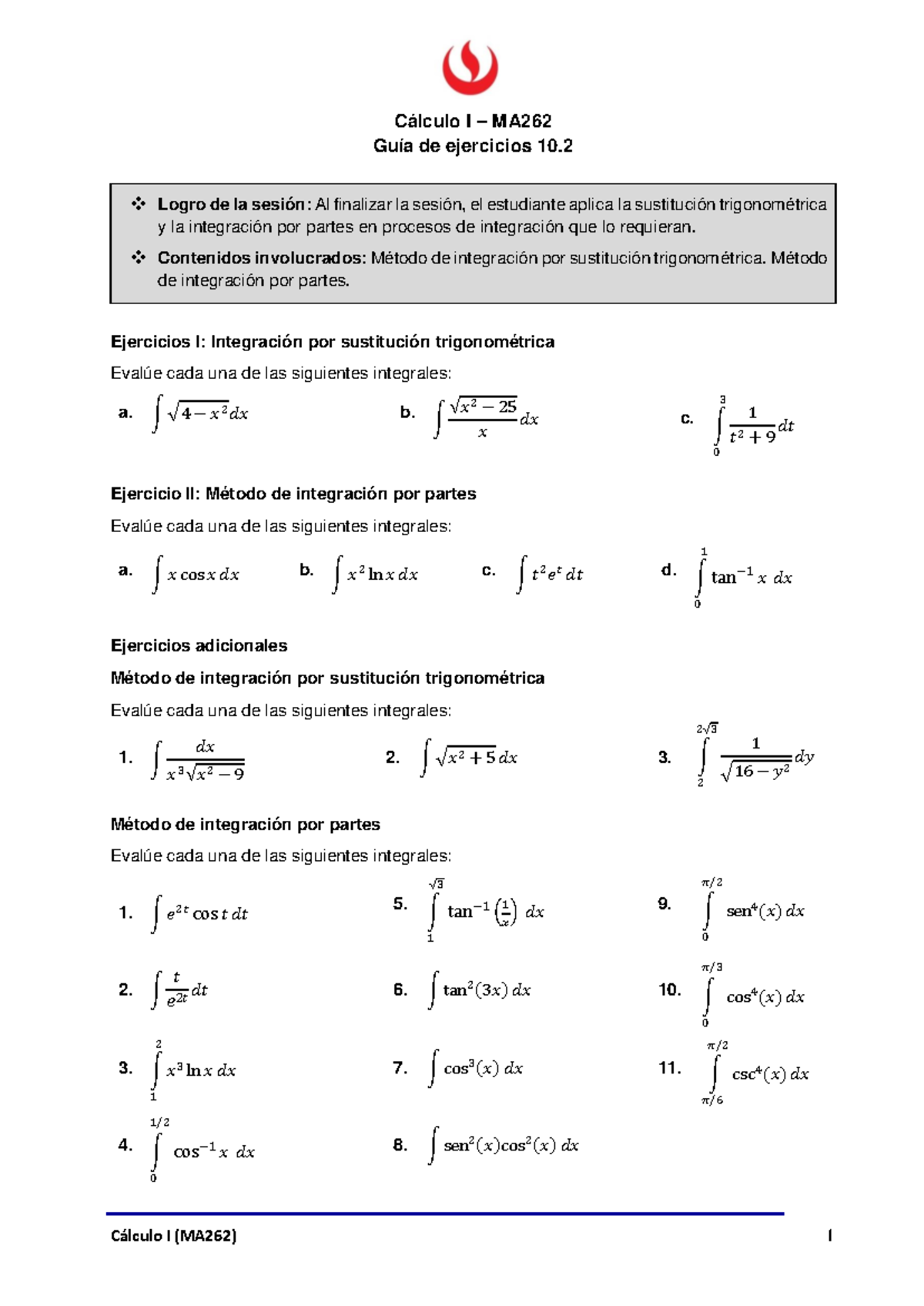 10,2 - Cálculo I (MA262) 1 Cálculo I – MA Guía de ejercicios 10. 2 Logro de la sesión: Al - Studocu