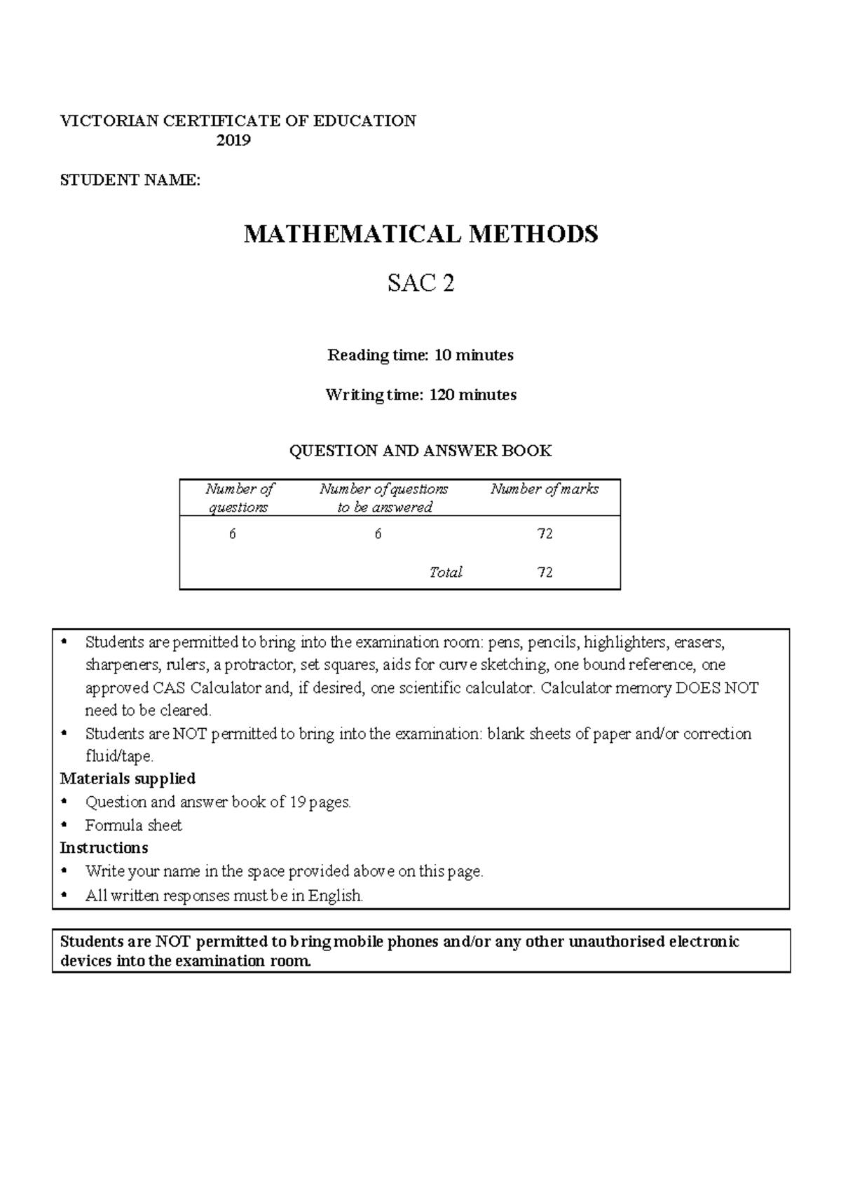 12MMET 19 SAC 2 - Maths Methods Practice SAC - VICTORIAN CERTIFICATE OF ...