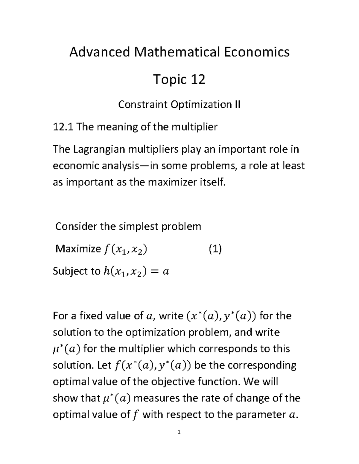 Constraint Optimization Ii Advanced Mathematical Economics Topic 12 Constraint Optimization Ii