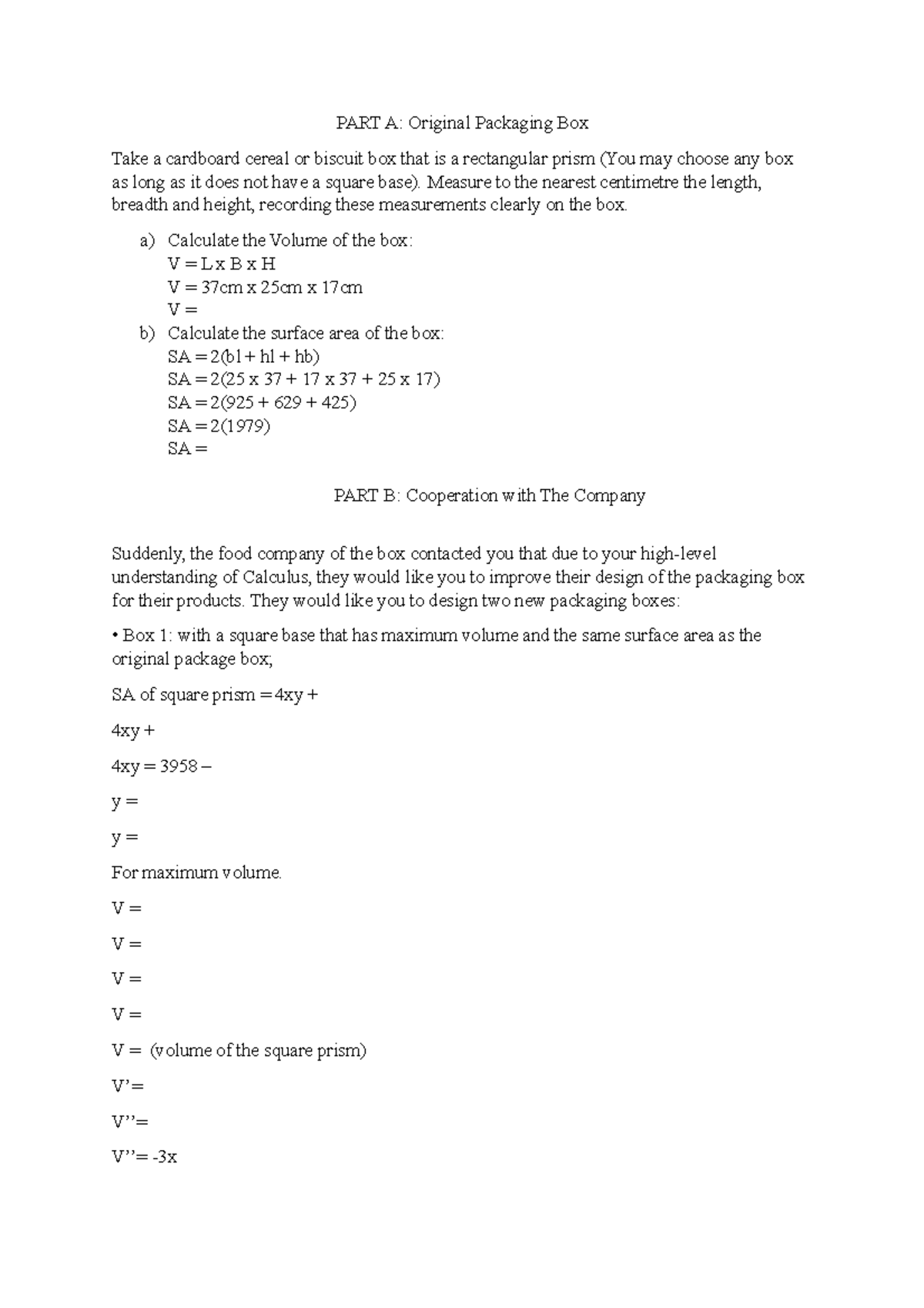 Mathematics Assignment year 12 - PART A: Original Packaging Box Take a ...