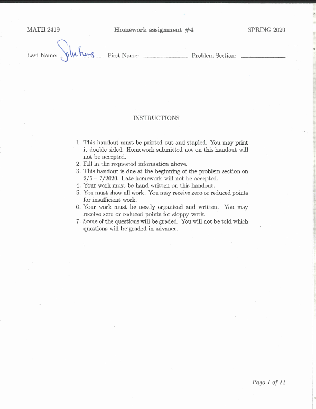 Math 2419 HW - HW4 solution - MATH 2419 Homework assignment SPRING 2020 Last Name: Solutions ...