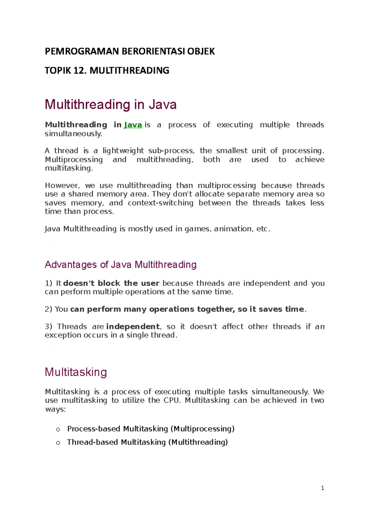 Topik 12 Multithreading Pemrograman Berorientasi Objek Topik 12 Multithreading 