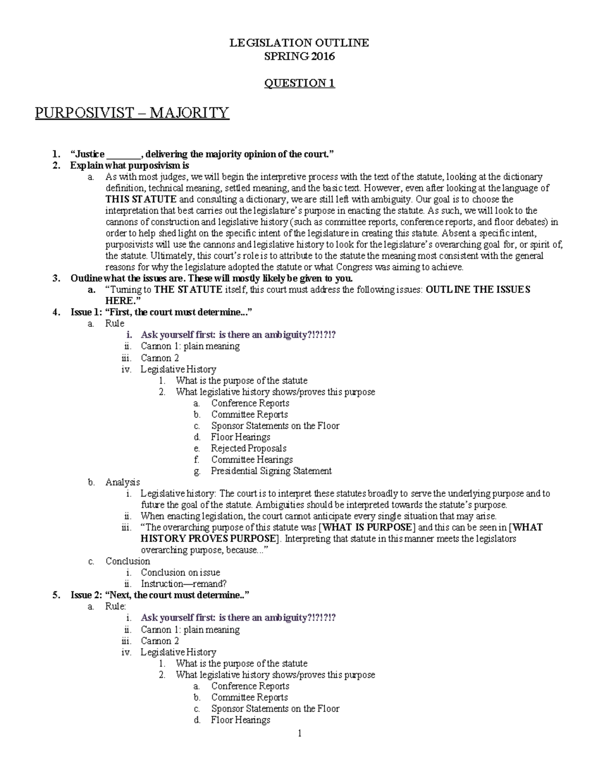 Legislation Outline - law - LEGISLATION OUTLINE SPRING 2016 QUESTION 1 ...
