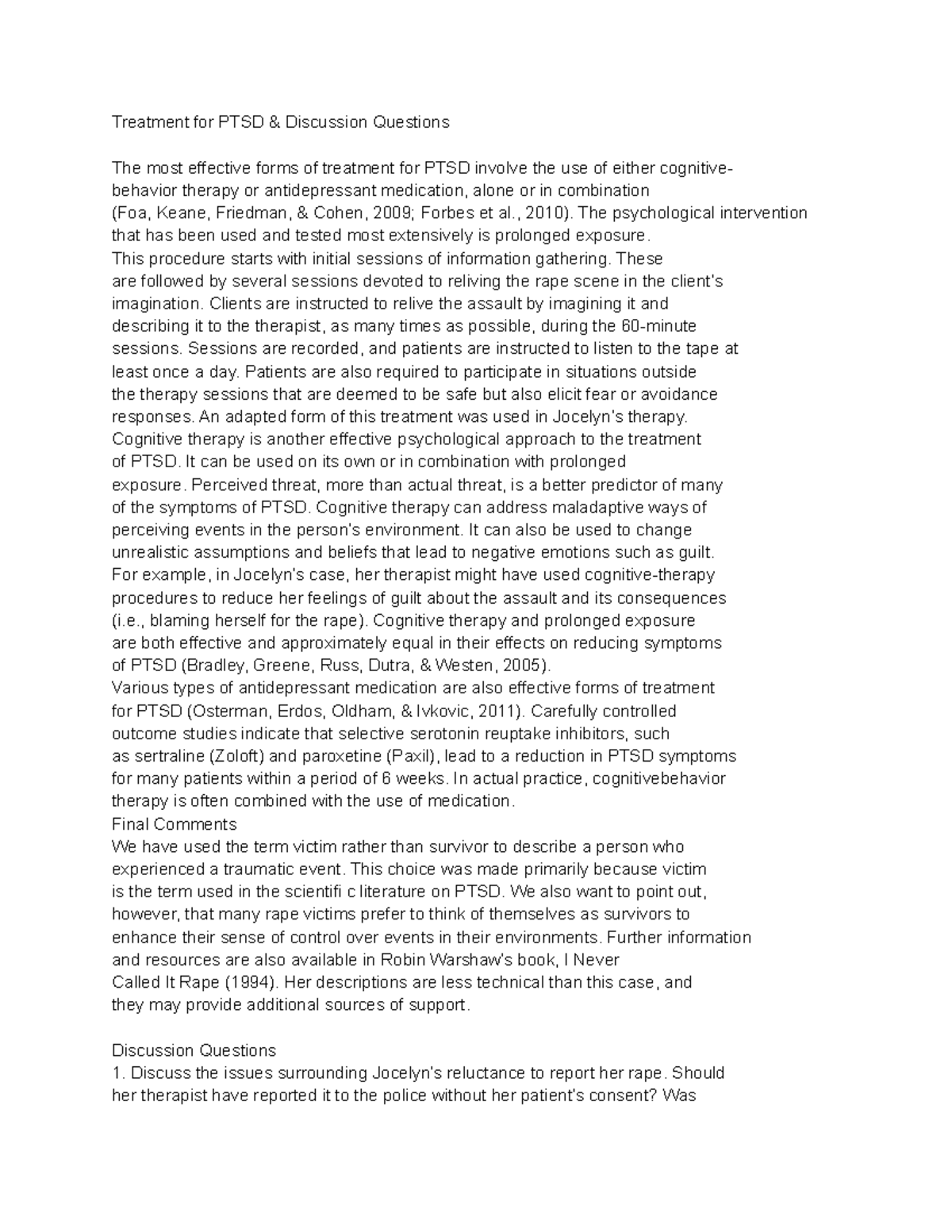 Treatment for PTSD and Discussion Questions - Treatment for PTSD ...