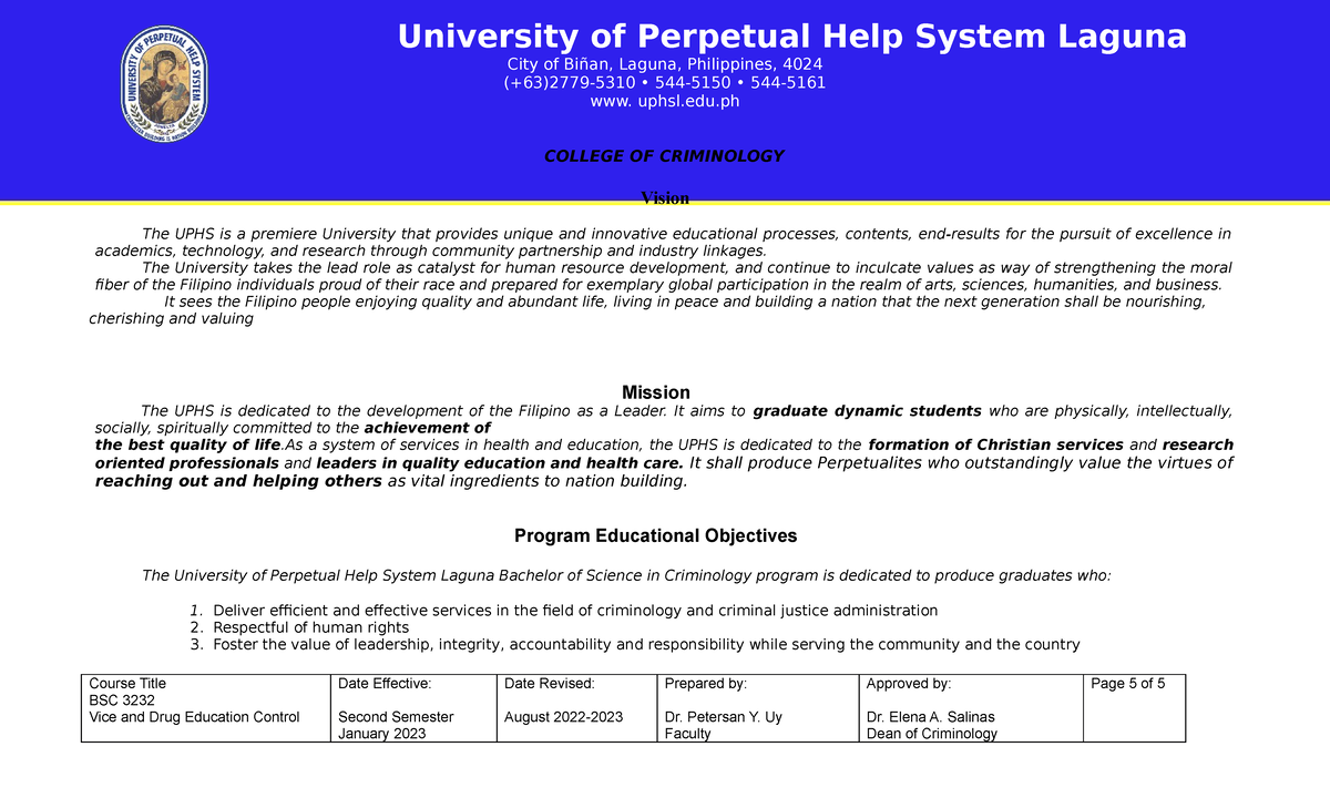 Vice and Drug Education Control Syllabus-2023 - University of Perpetual ...