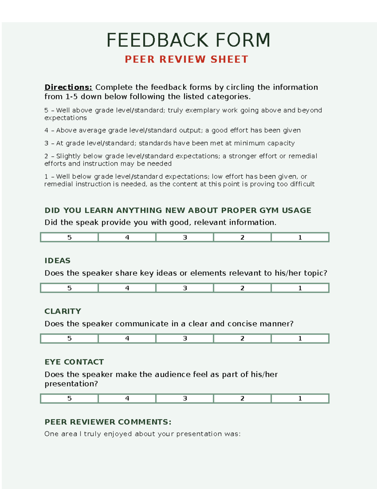 Feedback form (002) - this will help u - FEEDBACK FORM PEER REVIEW ...