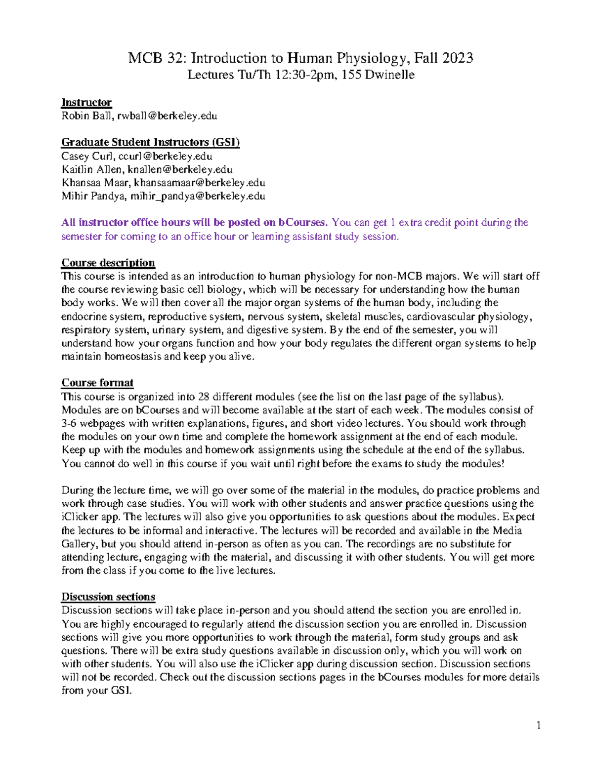 MCB 32 F23 Syllabus - MCB 32: Introduction to Human Physiology, Fall 2023 Lectures Tu/Th 12:30 ...