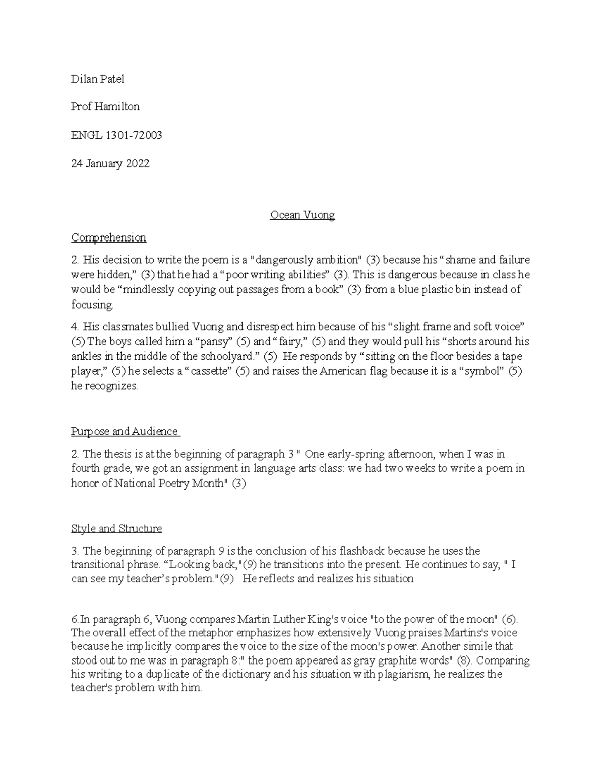 Ocean Vuong - Answers - Dilan Patel Prof Hamilton ENGL 1301- 24 January ...