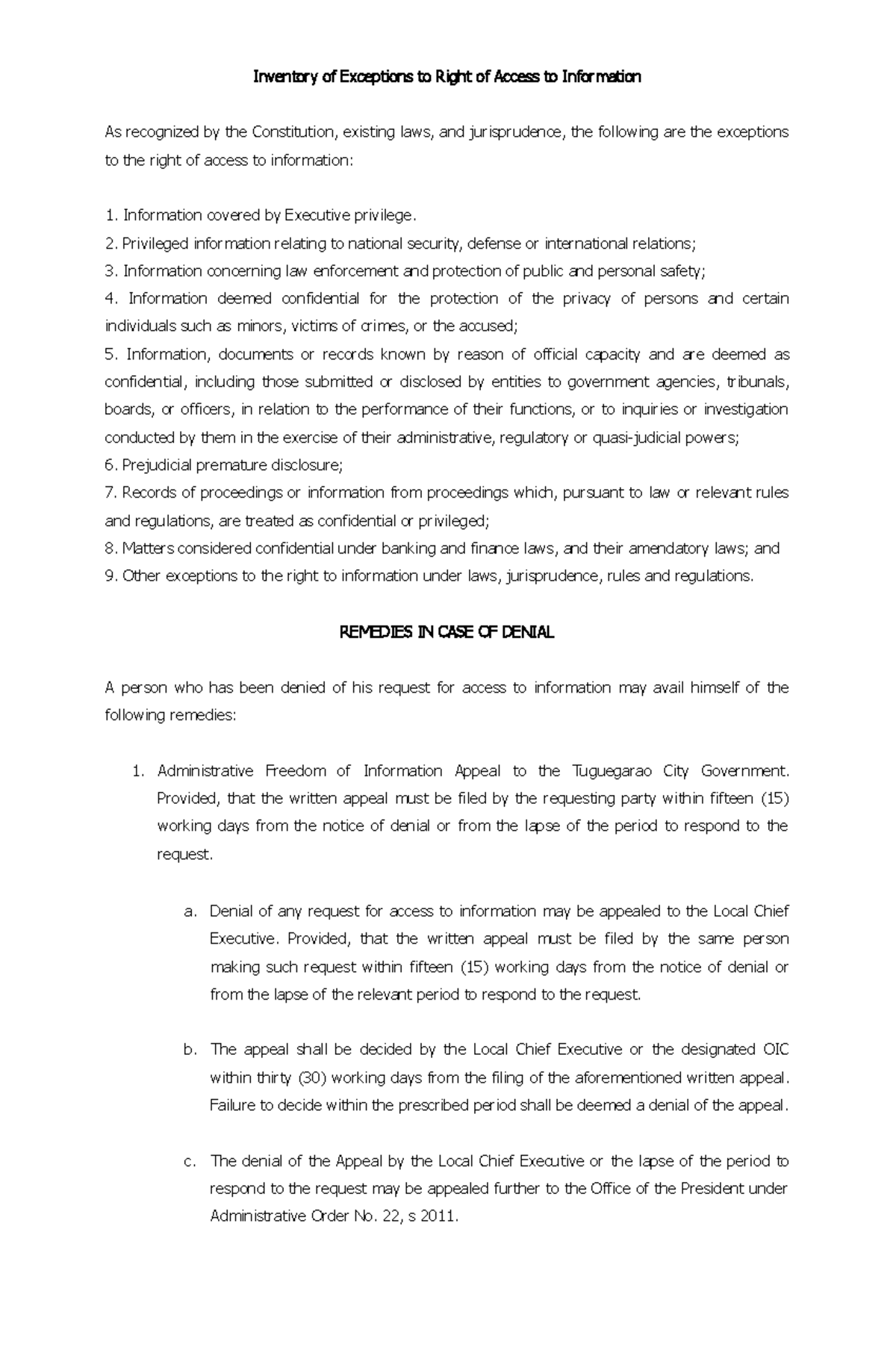 FOI Manual - legal - law - Inventory of Exceptions to Right of Access ...