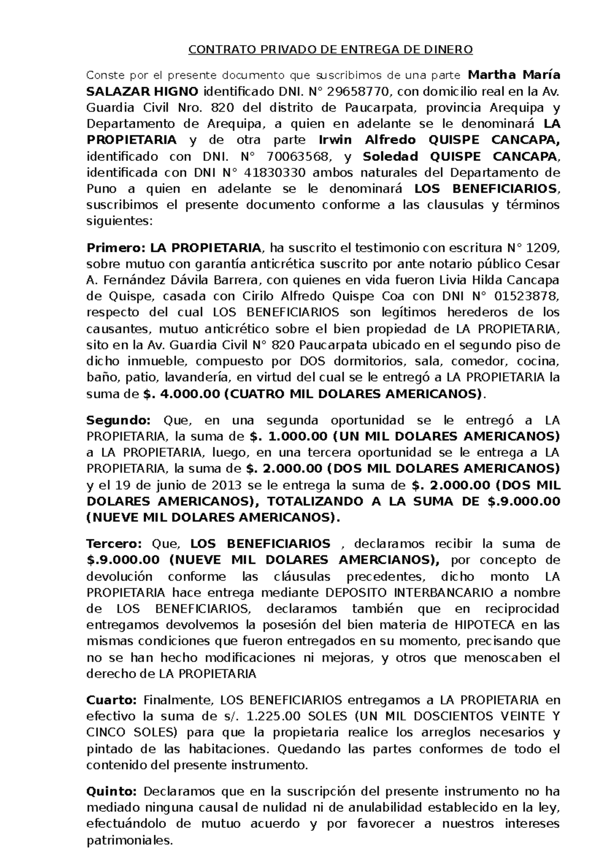 Documento DE Recepcion DE Dinero Irwin - CONTRATO PRIVADO DE ENTREGA DE DINERO Conste por el ...