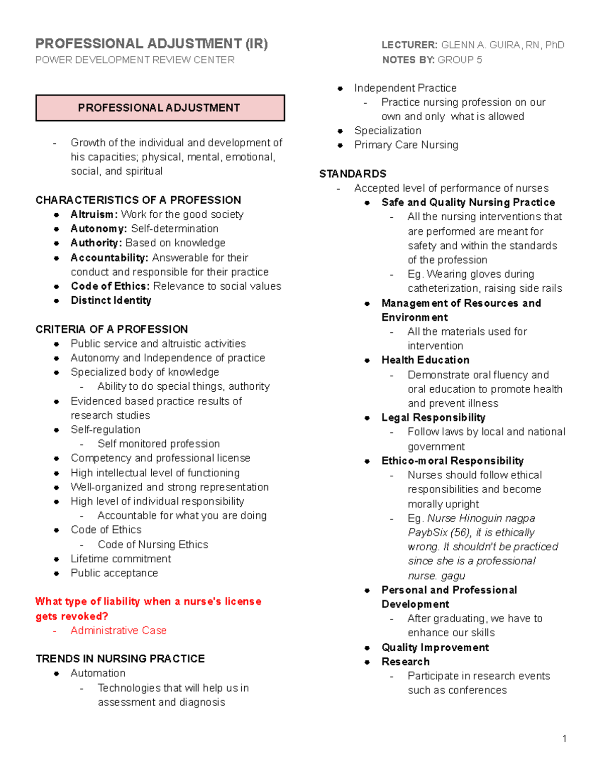 Professional Adjustment (IR) - POWER DEVELOPMENT REVIEW CENTER NOTES BY ...